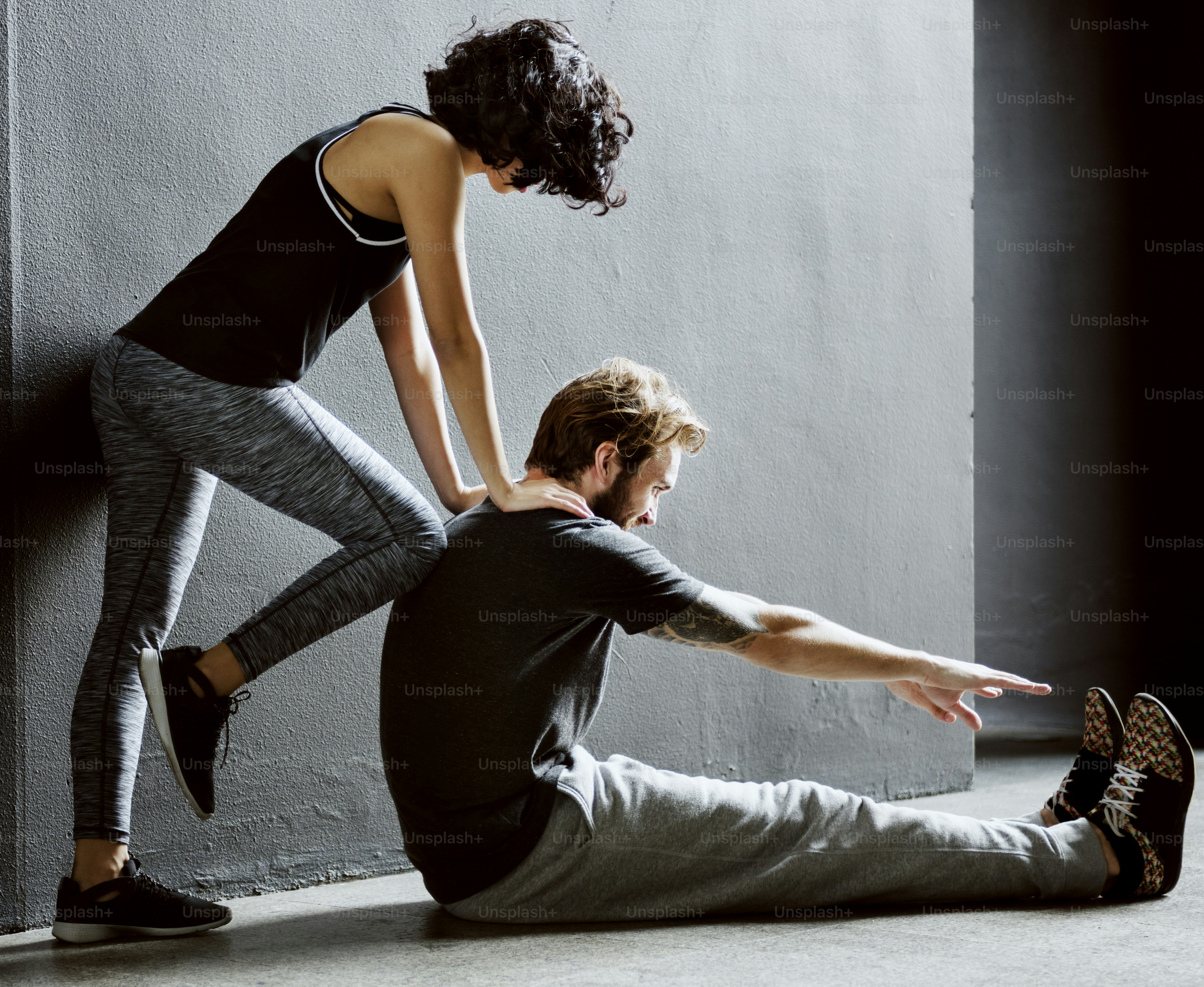 Partner Training Stretching Workout Concept photo – Home workout Image ...