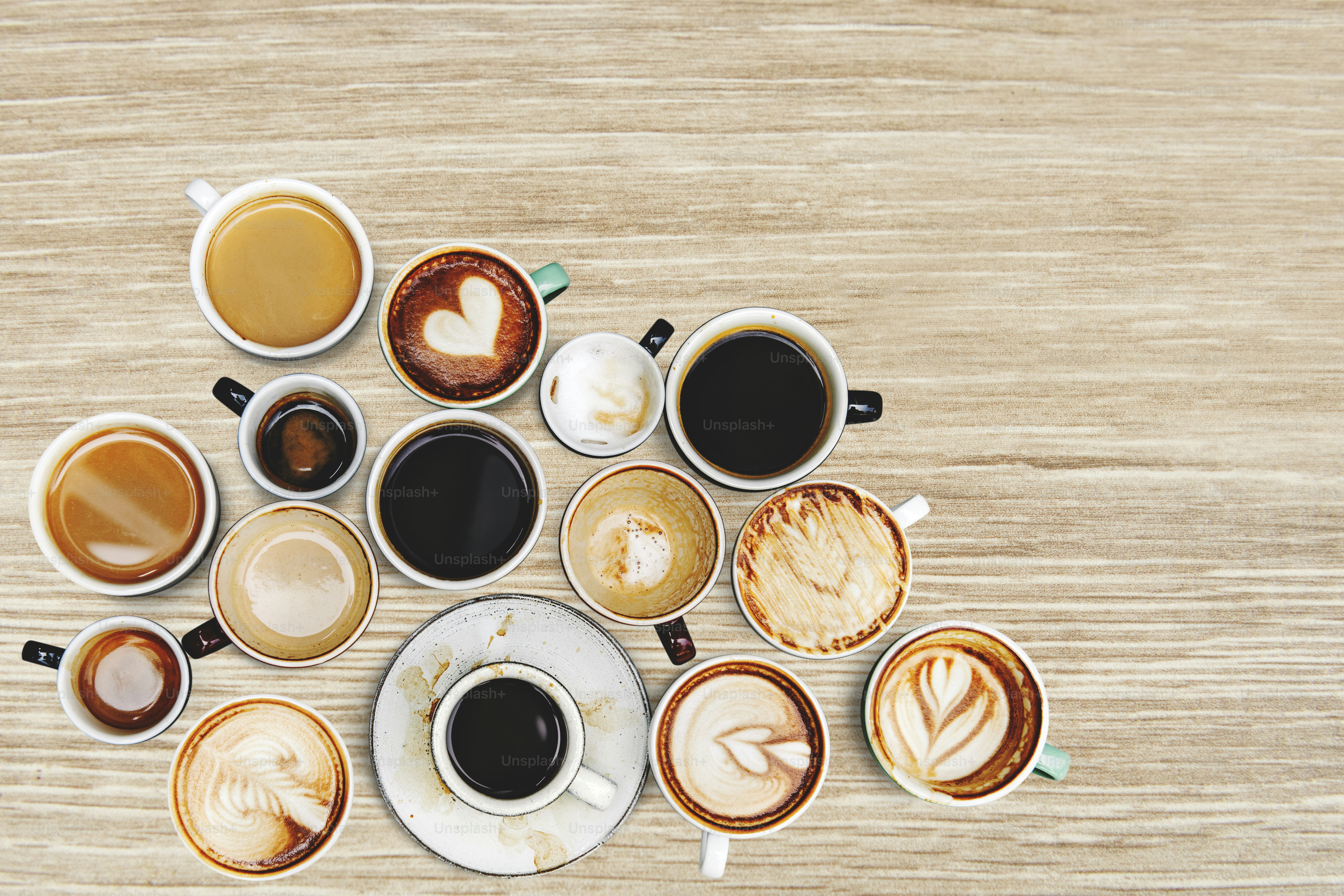 Assorted coffee cups on a wooden table photo – Flat lay Image on Unsplash