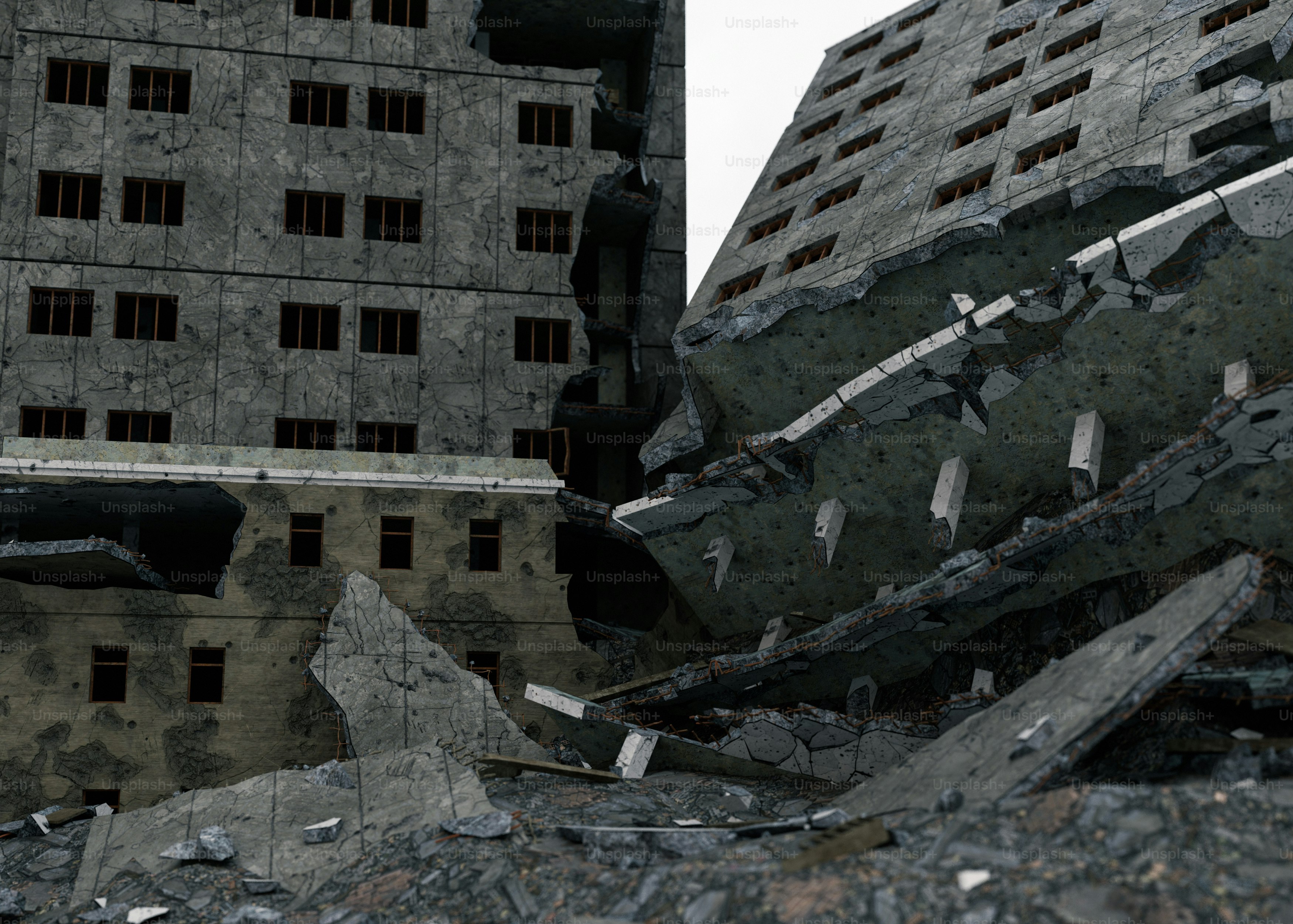 A large pile of rubble next to a tall building photo – Collapsing Image ...
