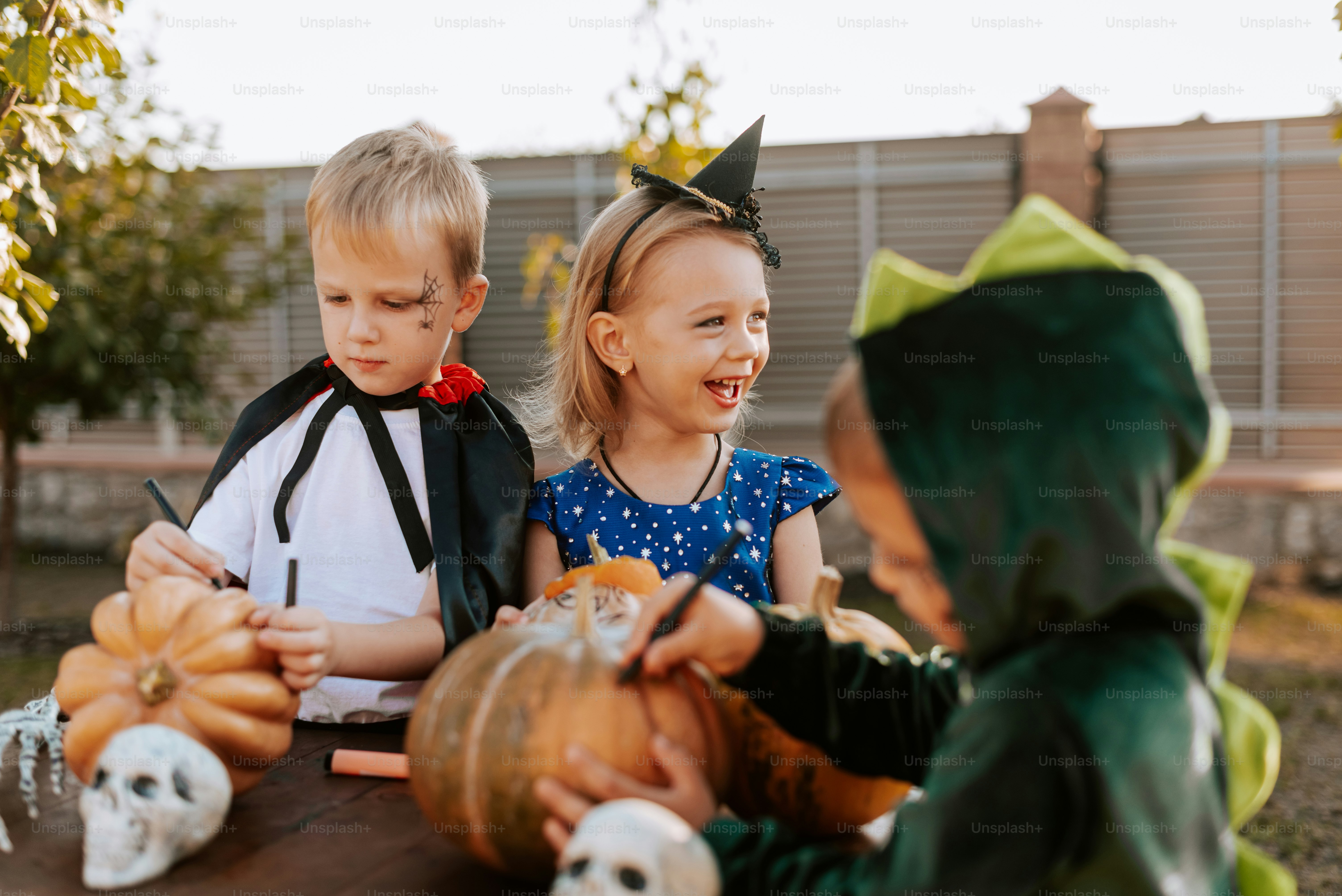 Two children dressed up in costumes sitting at a table photo ...