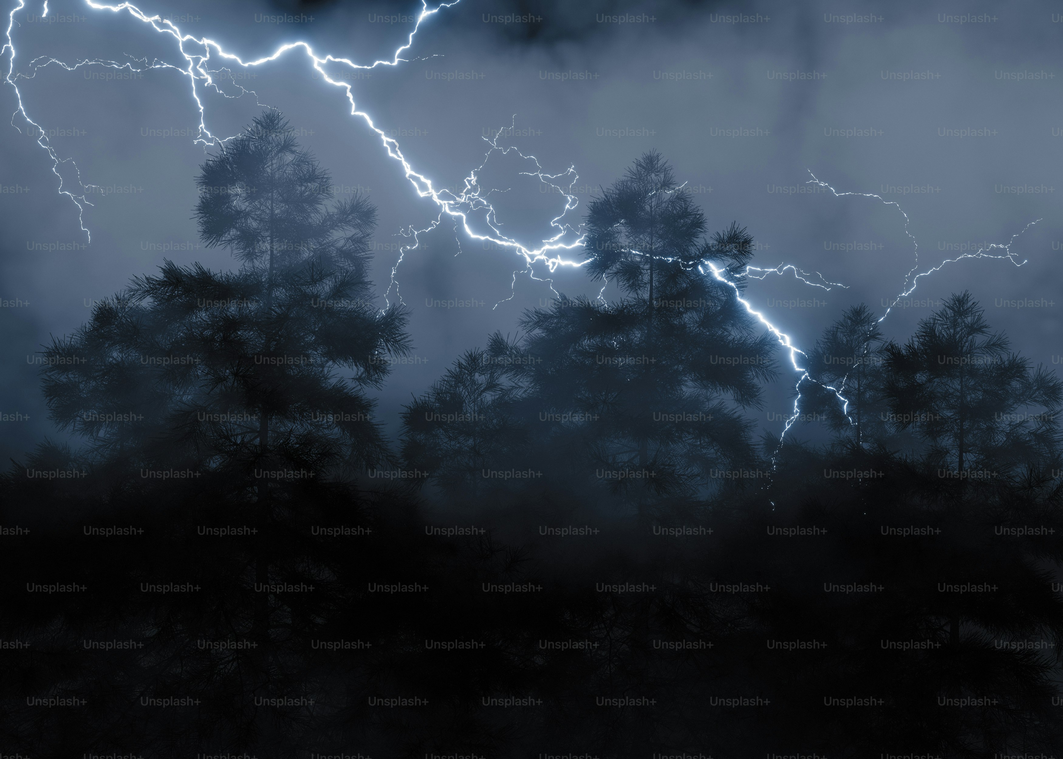 A lightning bolt hitting through the sky over a forest photo – 3d ...
