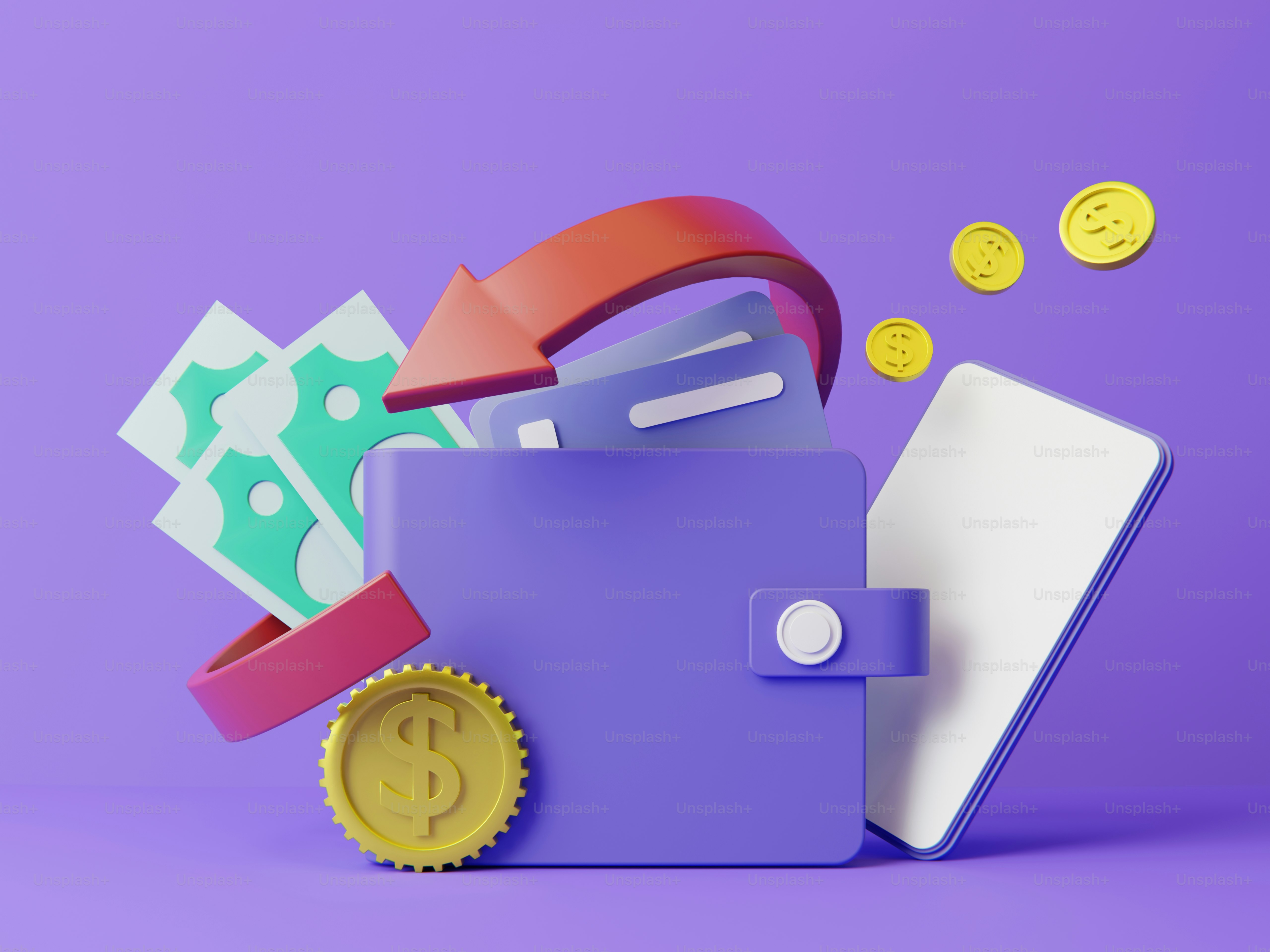 A purple folder with money coming out of it photo – Cashback Image on ...