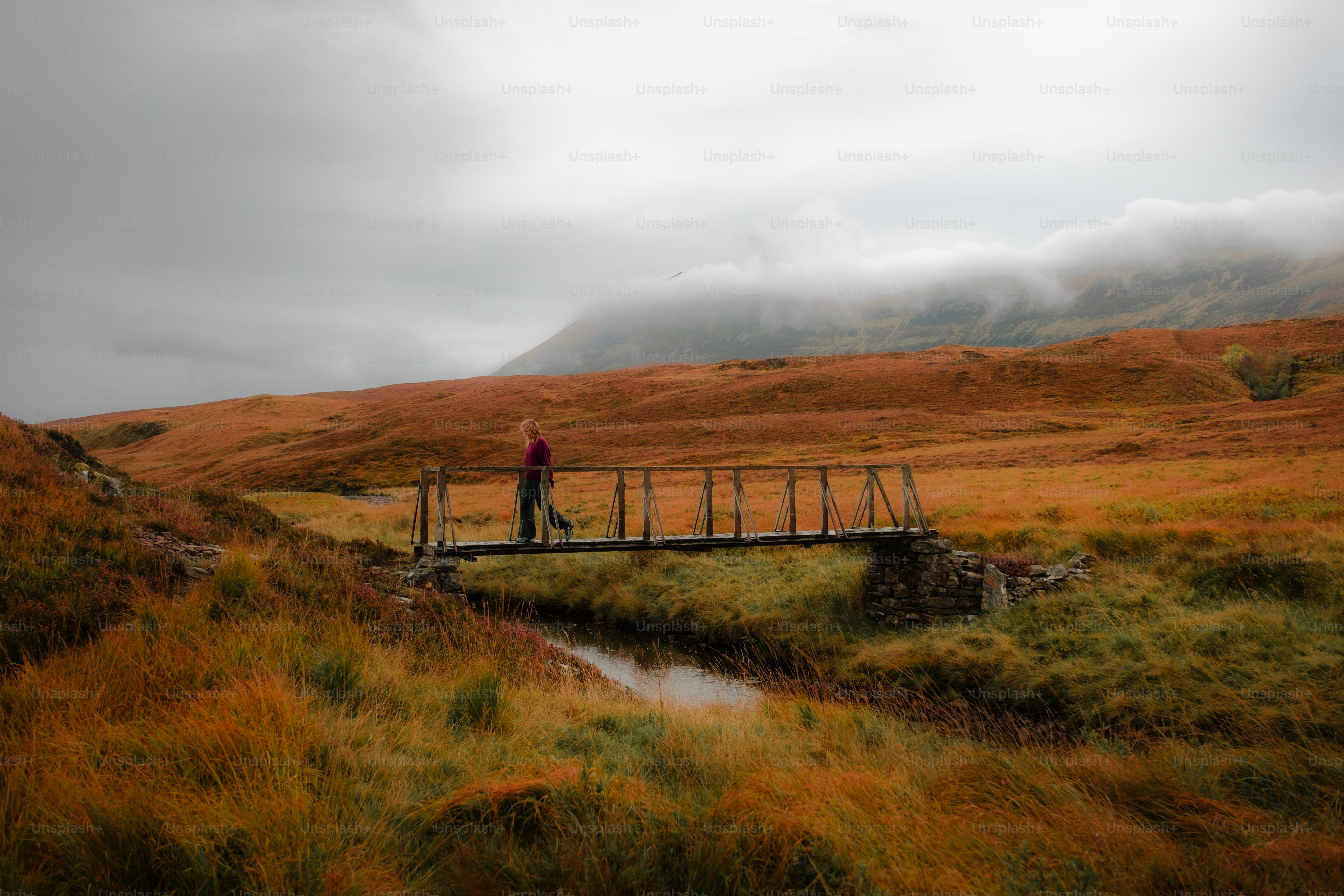 A person standing on a bridge over a stream photo – Scotland Image on ...