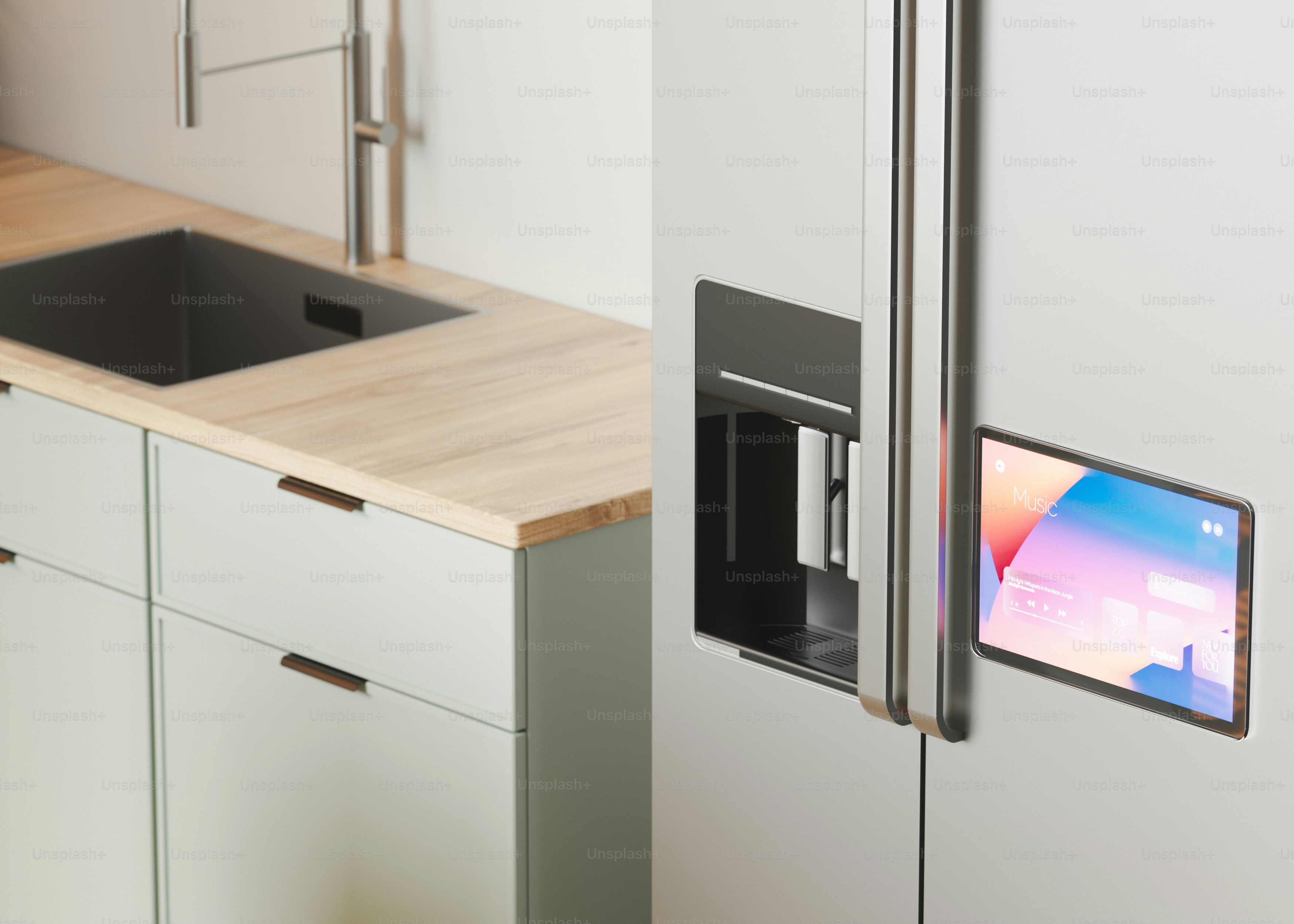 A kitchen with a sink and a refrigerator photo – Smart fridge Image on ...