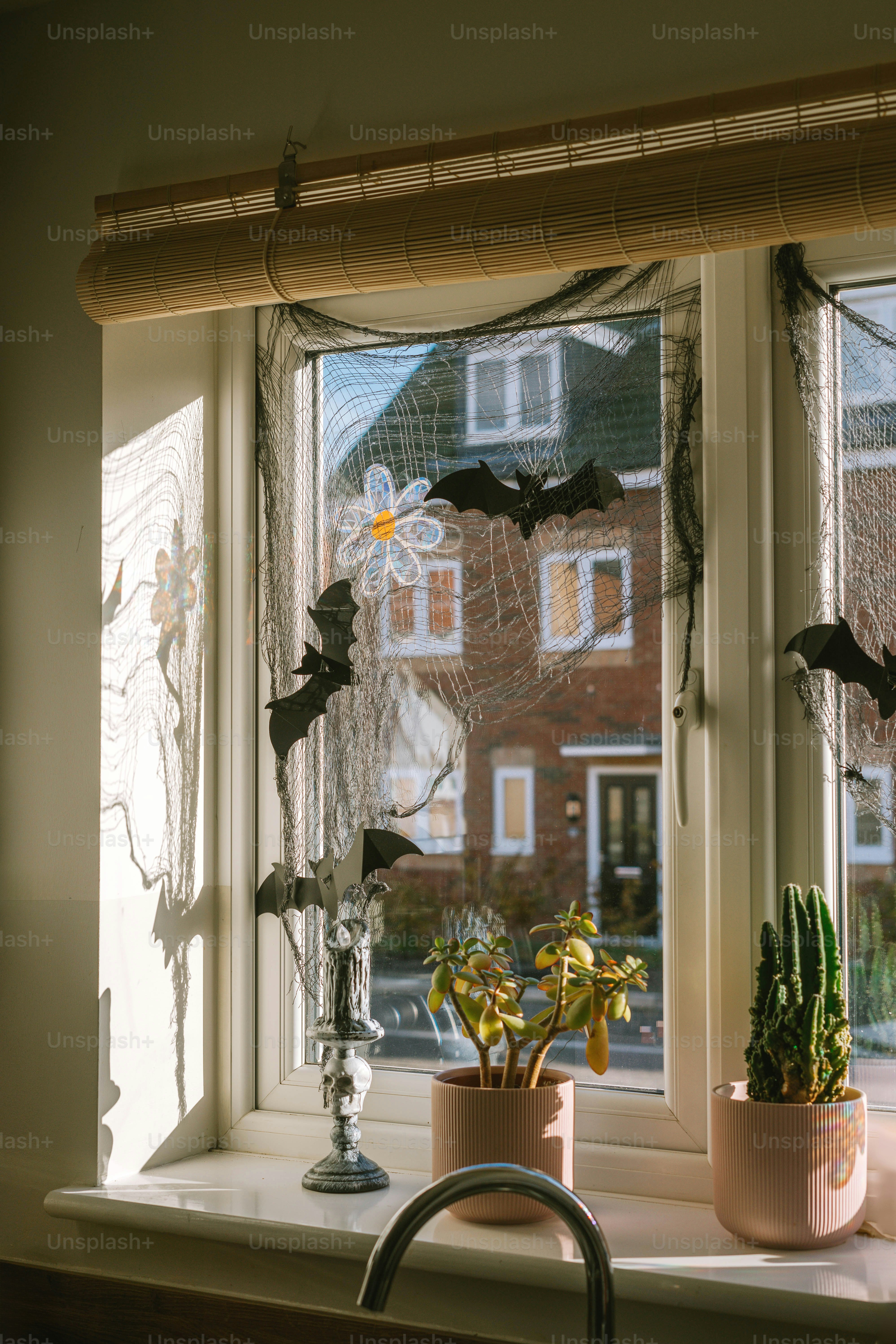 A kitchen window decorated with halloween decorations photo – Halloween ...