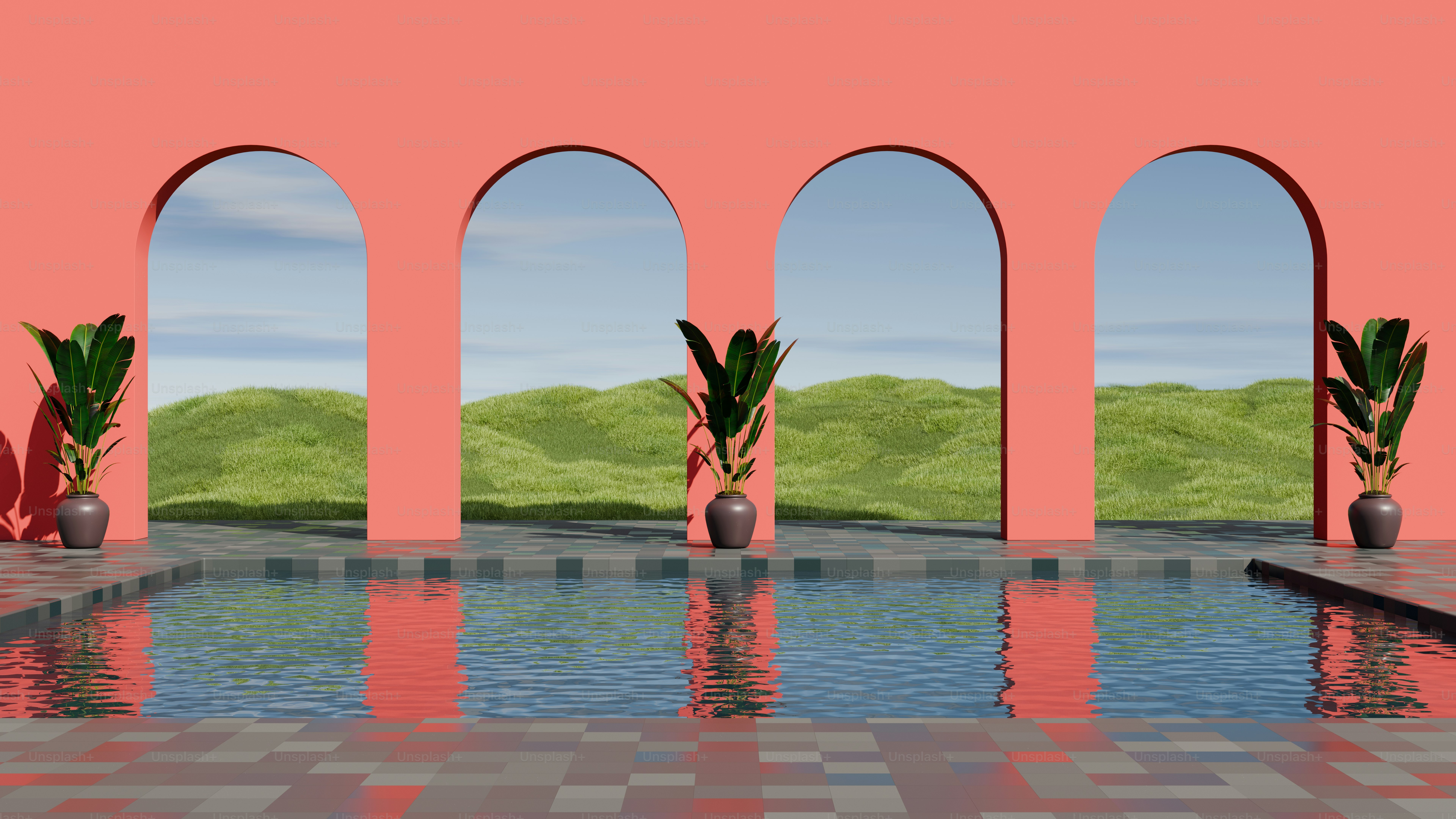 A pool surrounded by arches with plants in it photo – Building Image on ...