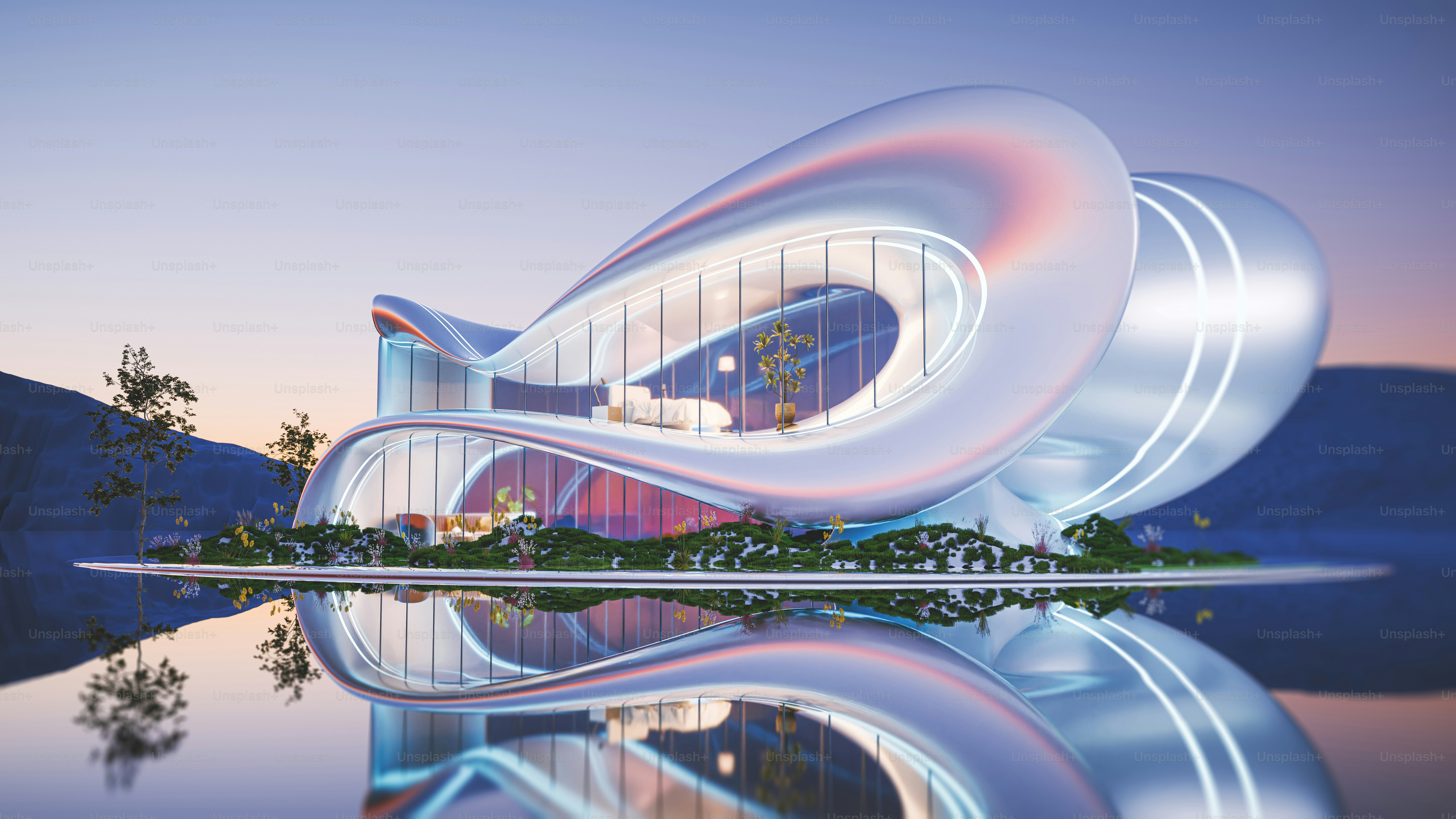 A futuristic building with a curved roof next to a body of water photo ...