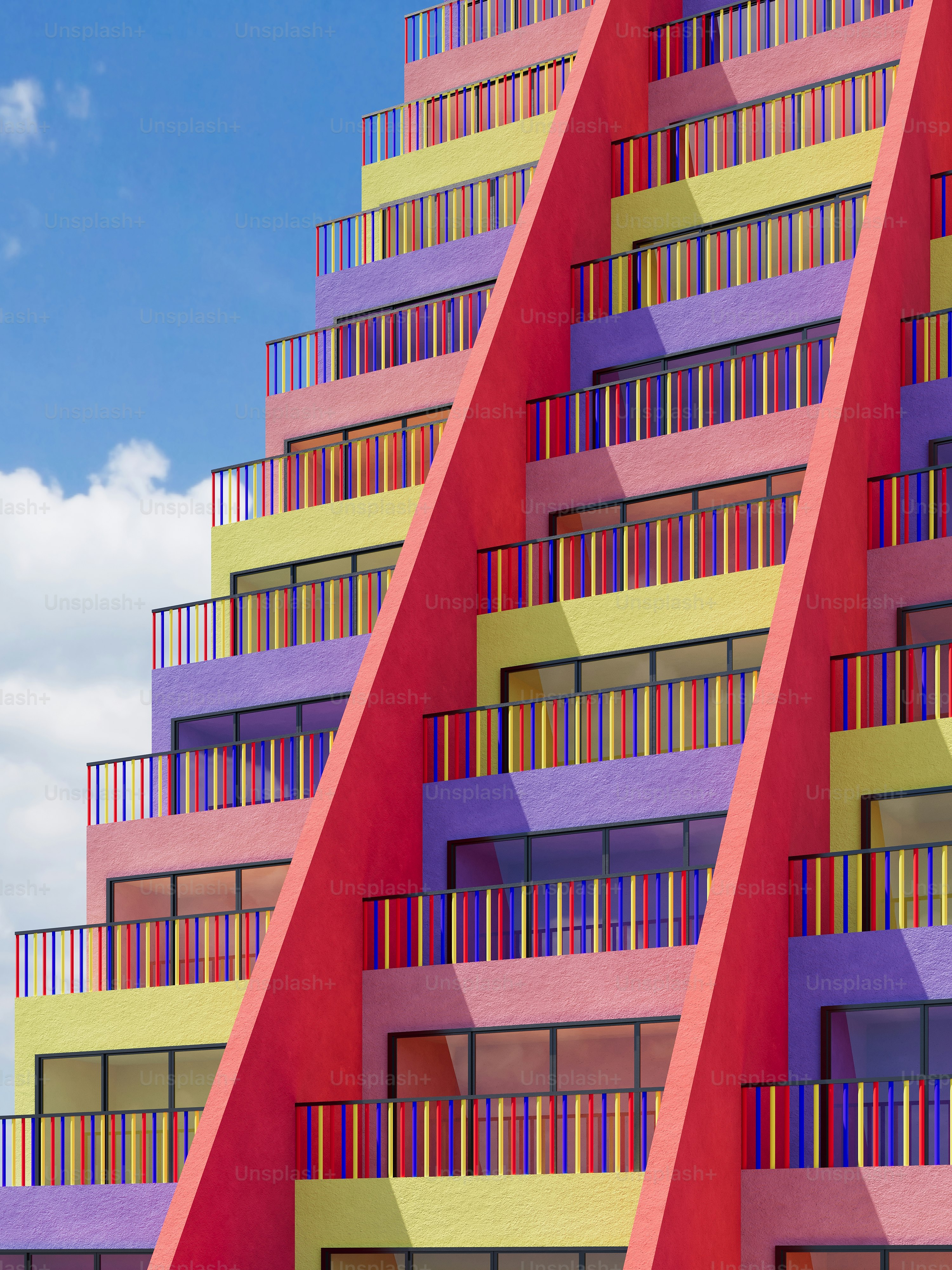 A multicolored building with many windows and balconies photo ...