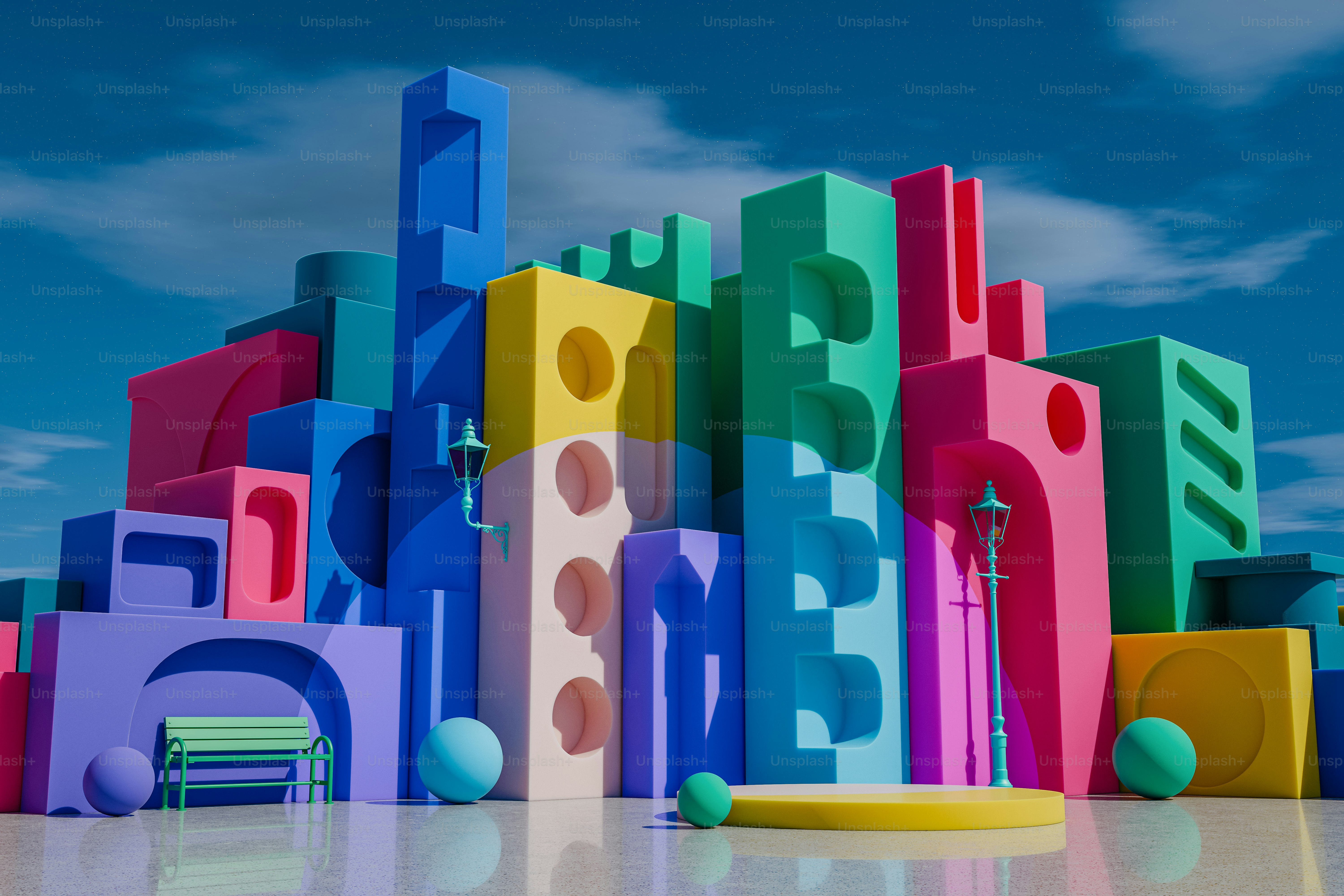 A building made out of colorful blocks on a white floor photo – Render ...