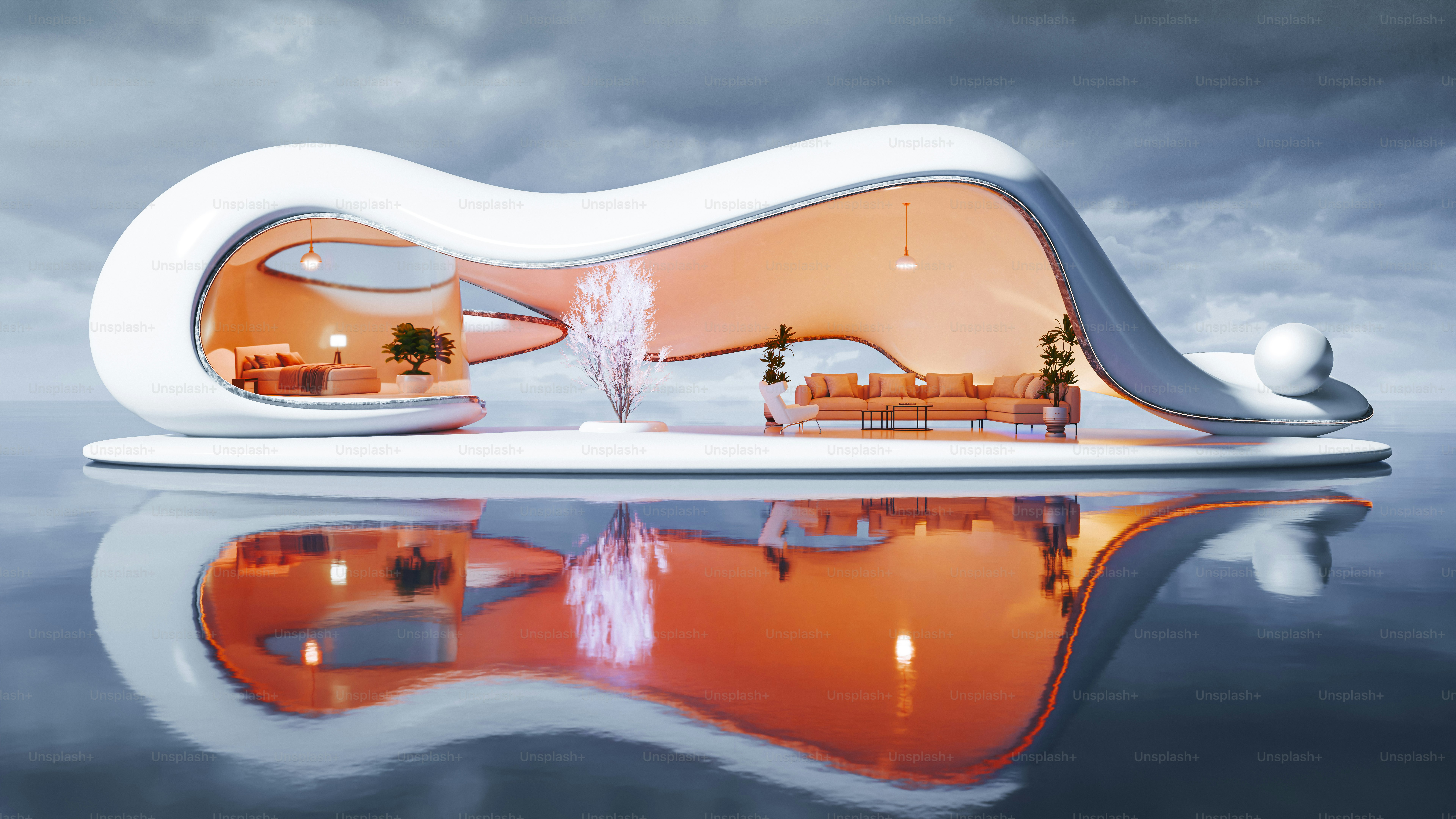 A futuristic house is shown in the middle of the water photo – Fantasy ...