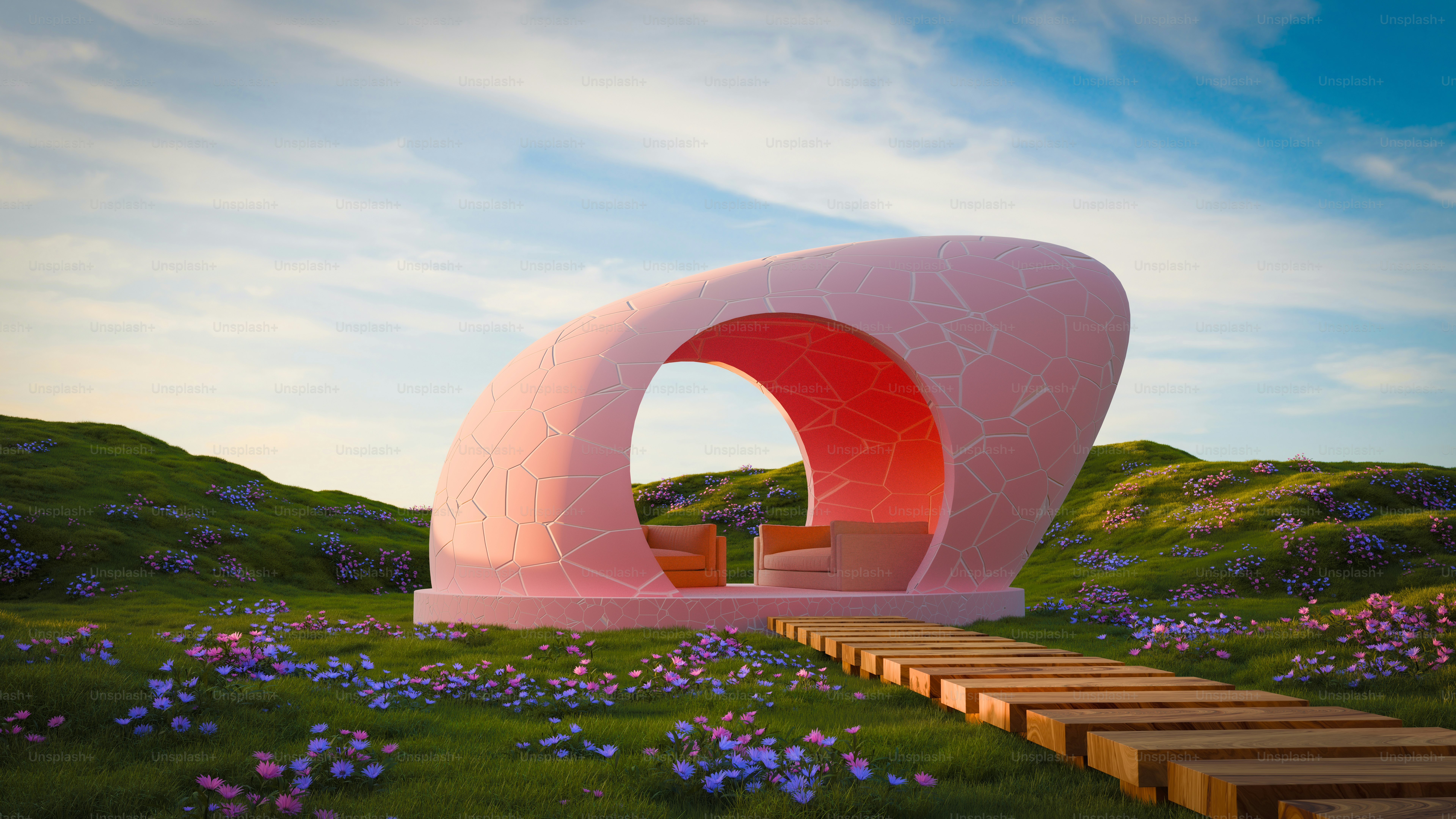 A pink sculpture sitting on top of a lush green field photo – Digital ...