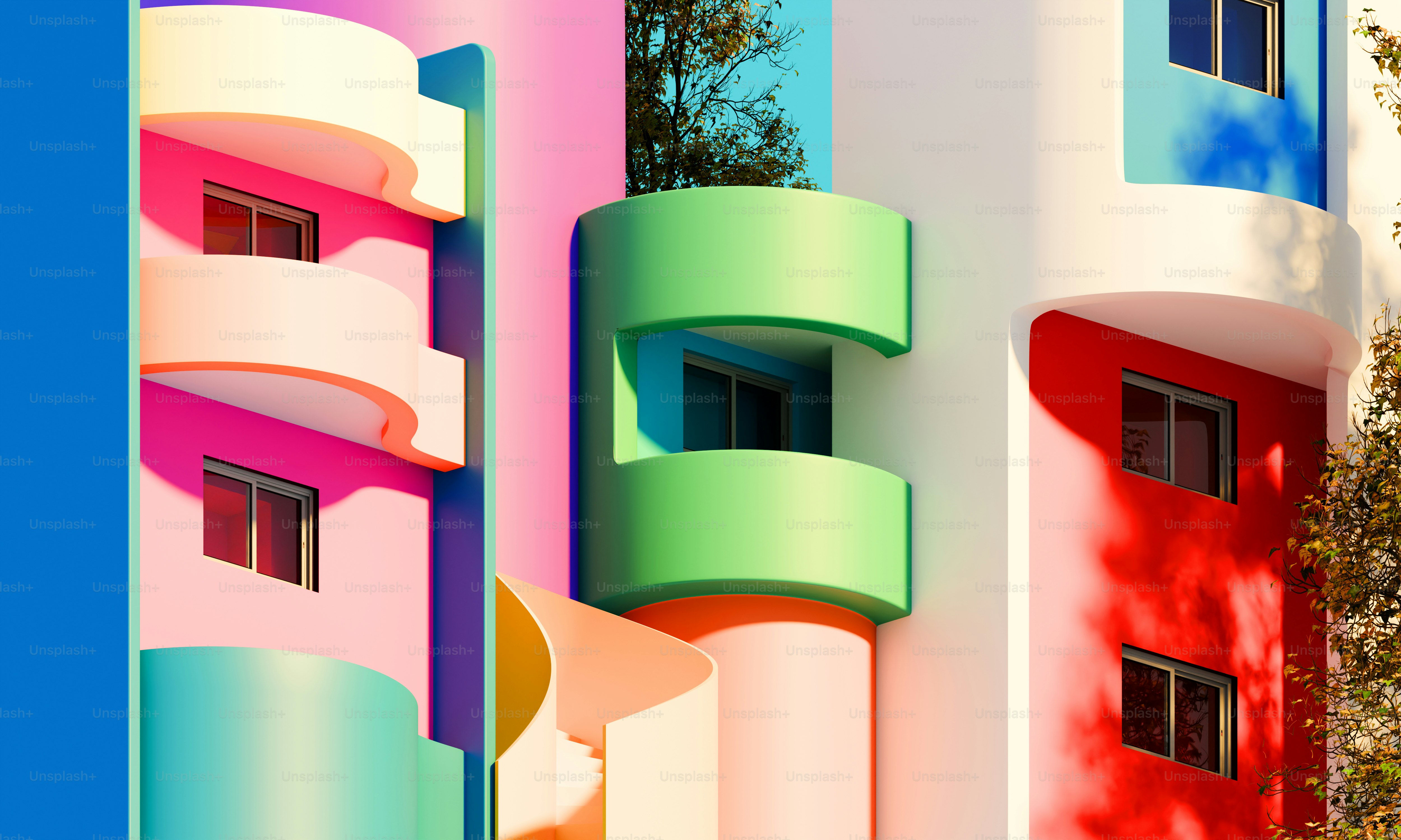 A multicolored building with a tree in front of it photo – Colorful ...