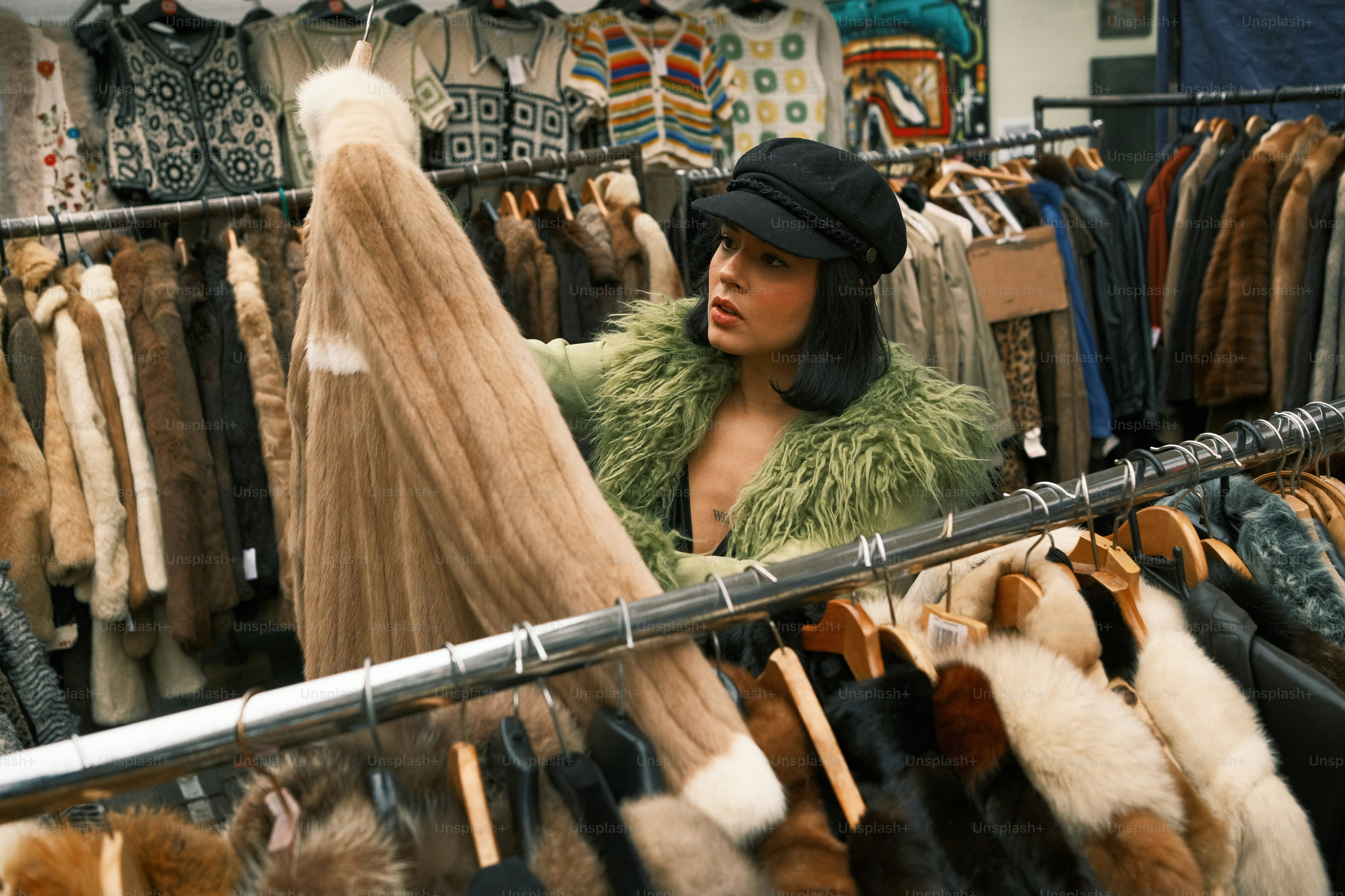 A woman in a fur coat looking at a rack of fur photo – Clothes Image on ...