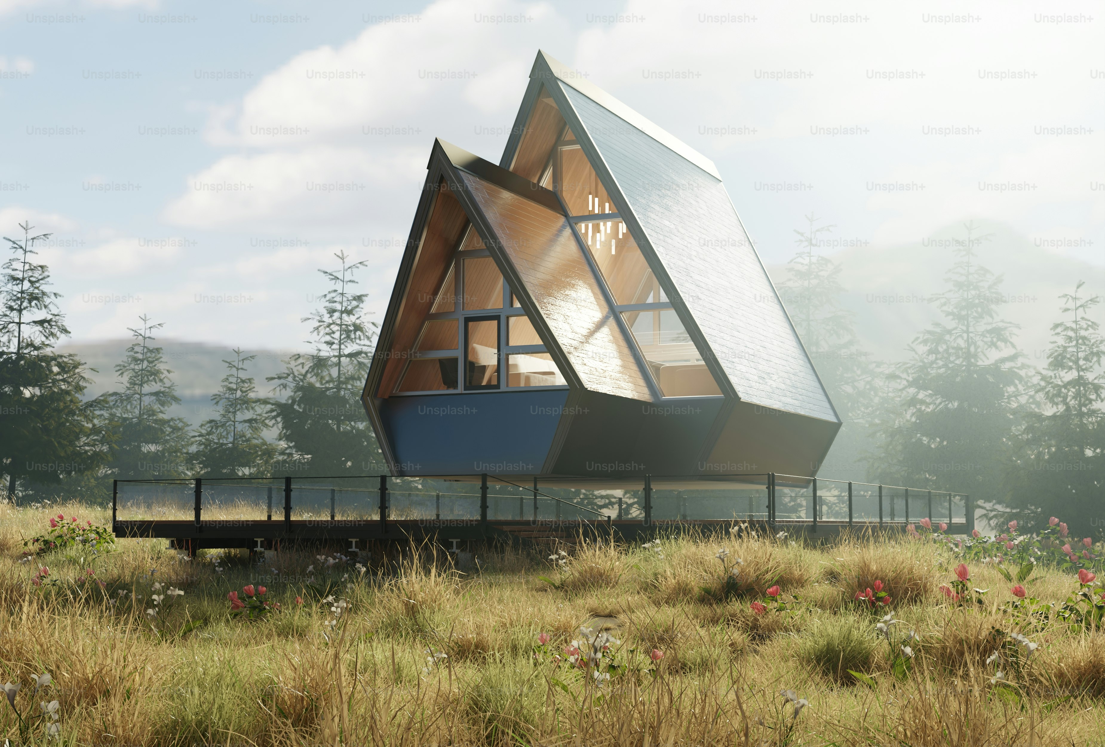 A large triangular shaped building sitting on top of a lush green field ...
