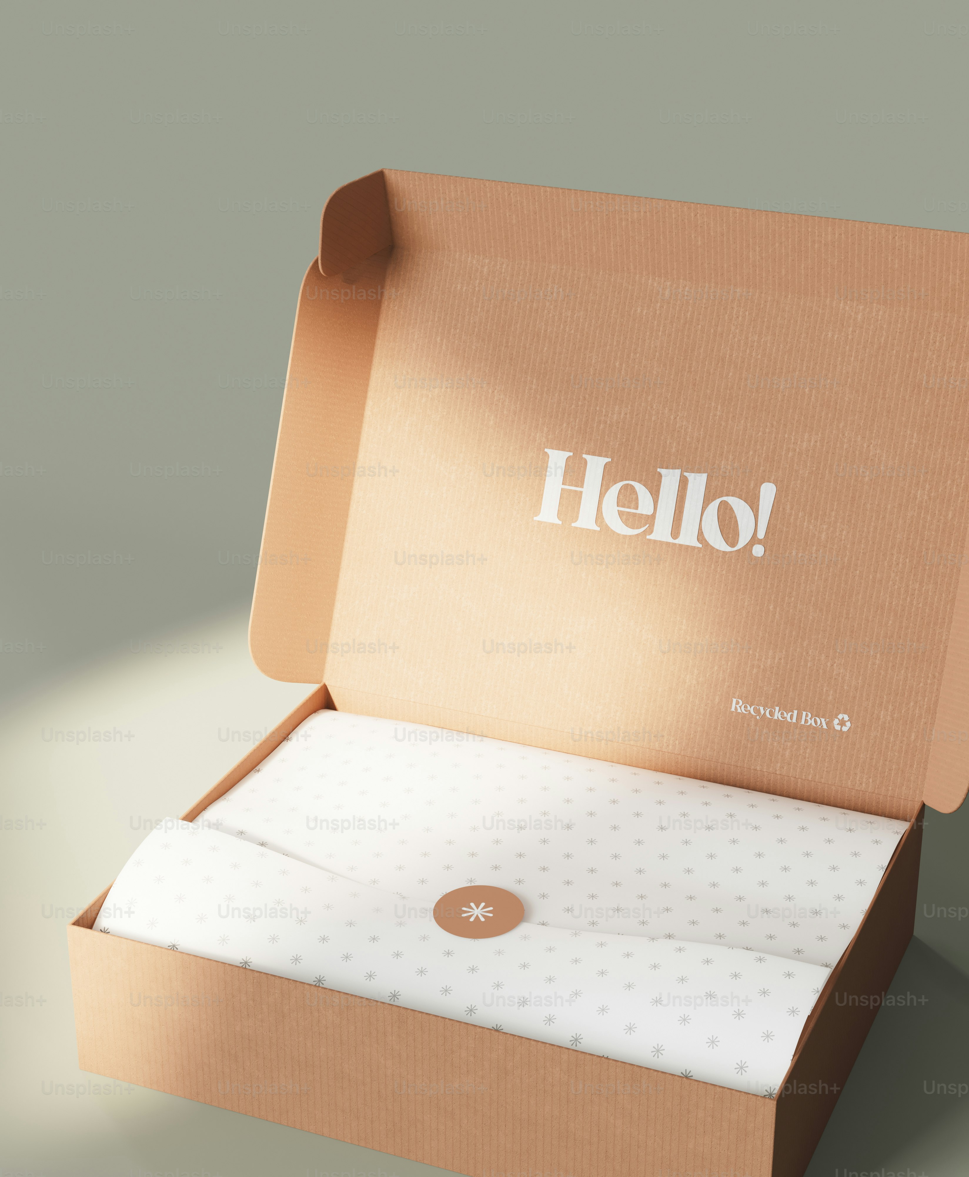 A cardboard box with a hello note inside of it photo – Mockup Image on ...