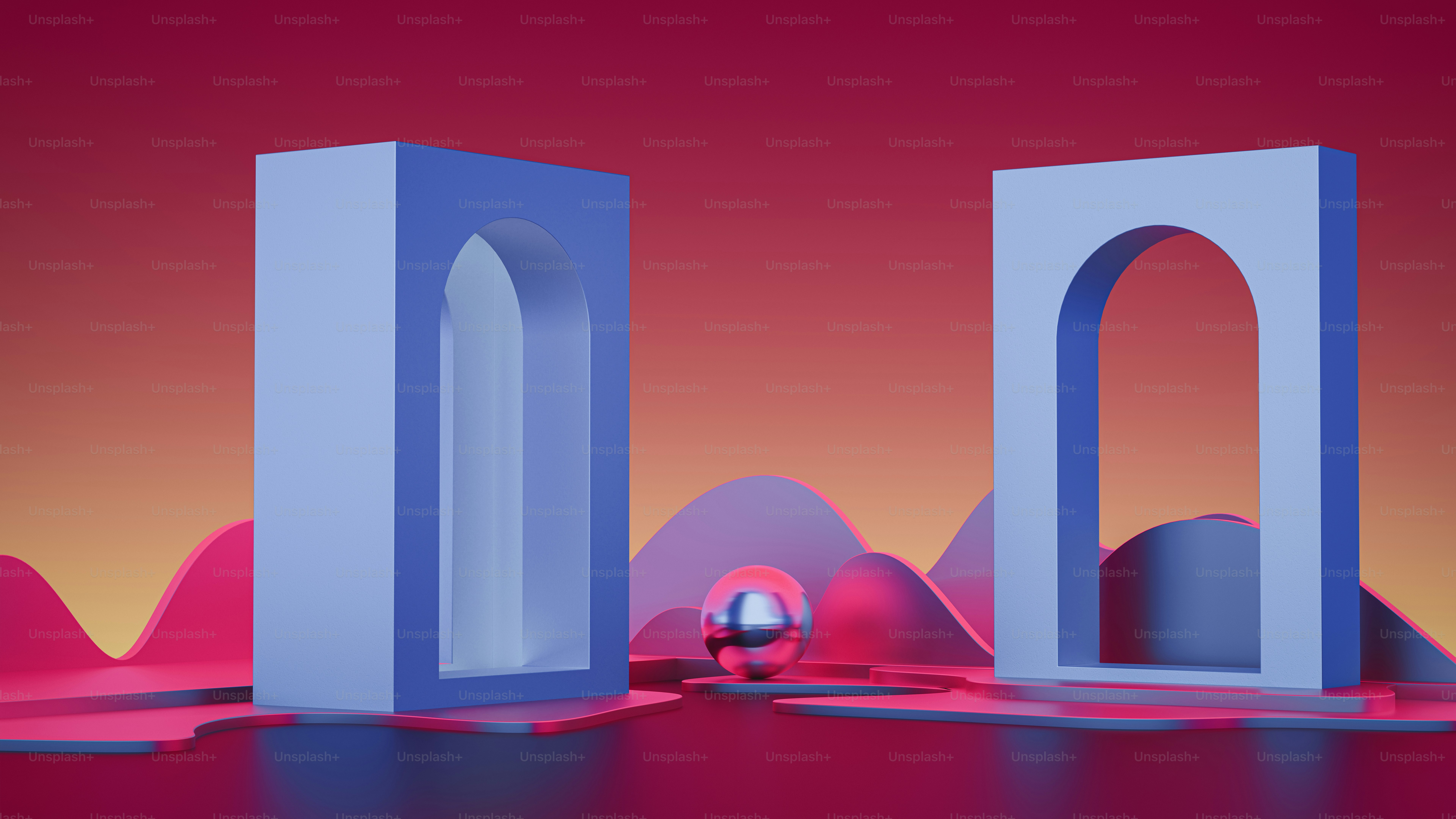 A 3D image of two arches in the middle of a landscape photo ...