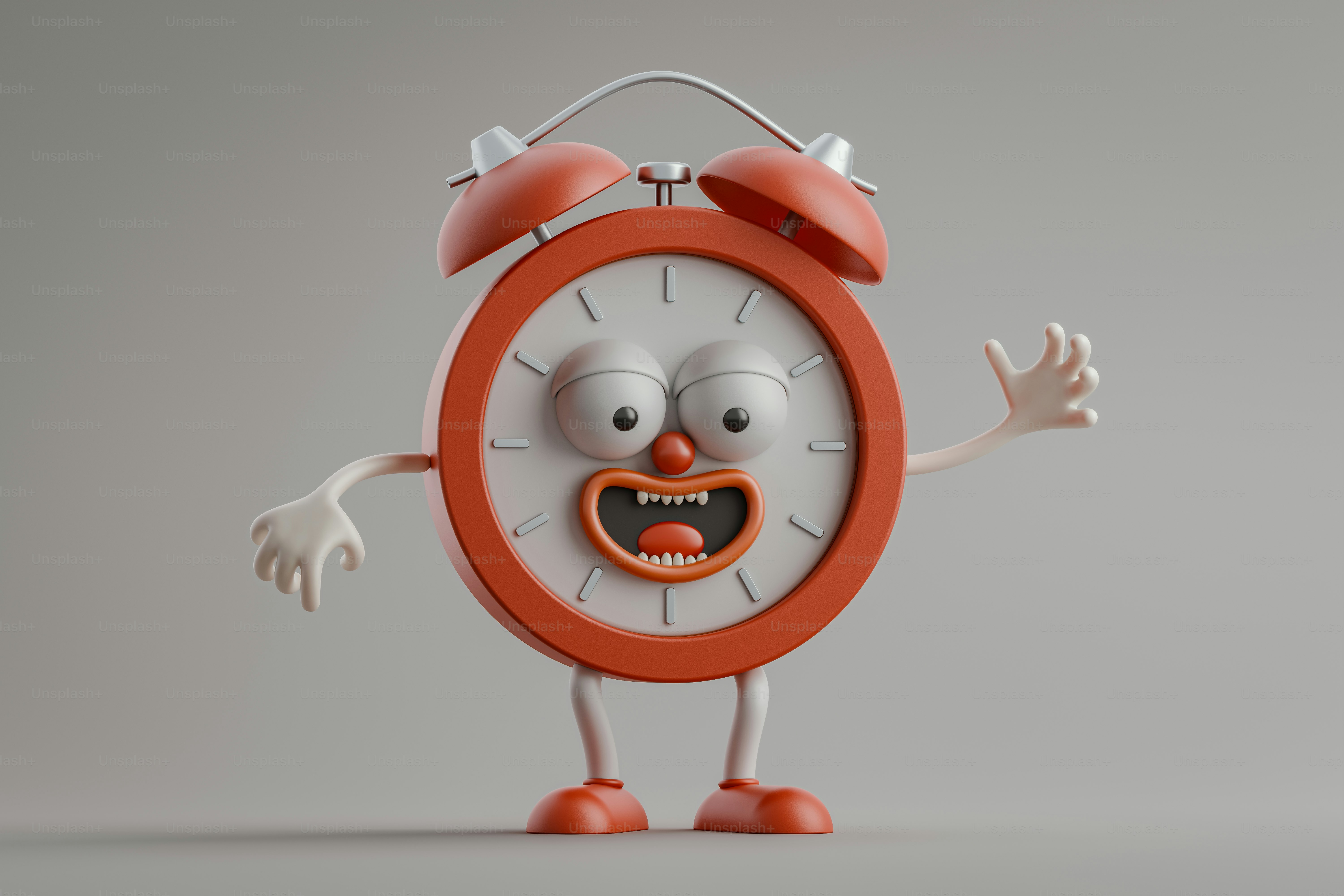 A cartoon alarm clock with a face and arms photo – Render Image on Unsplash
