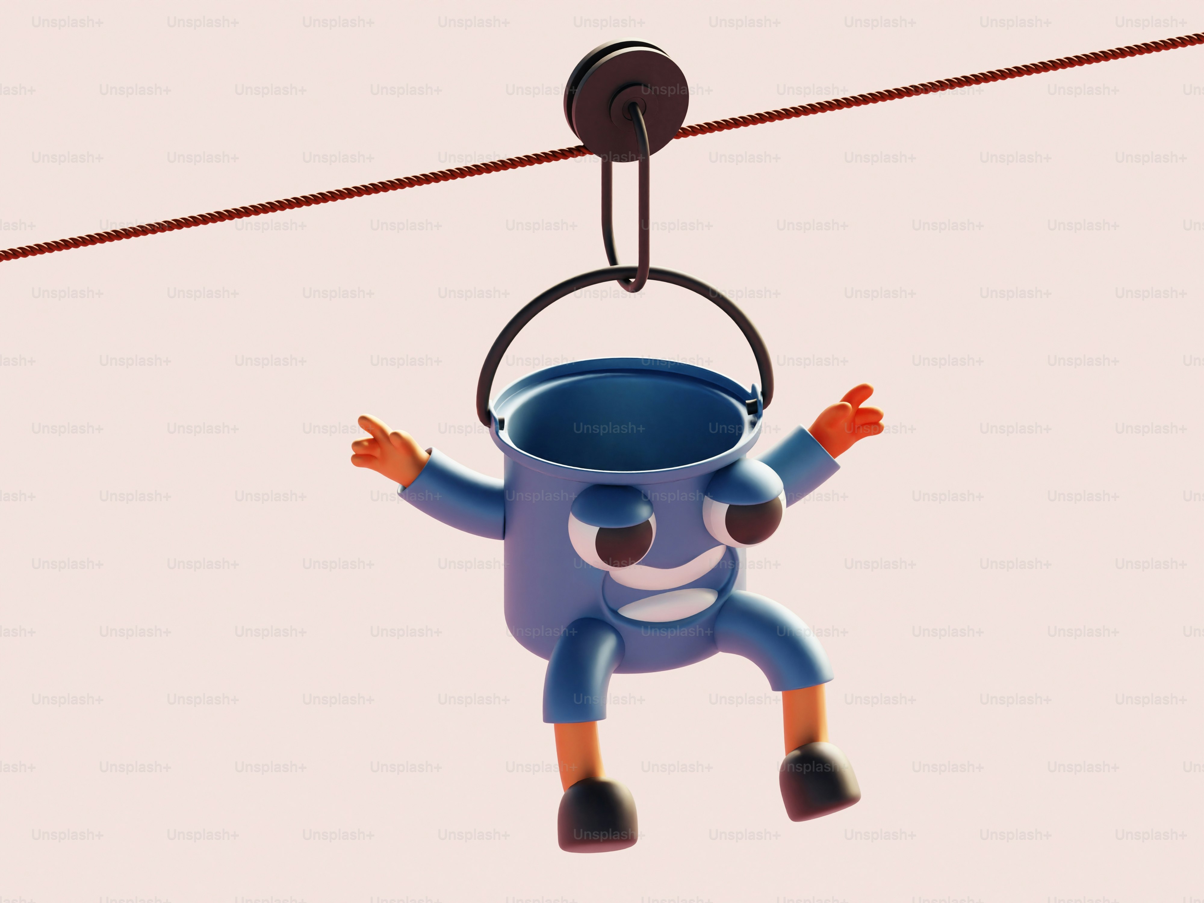 A cartoon character hanging from a wire with a bucket on it photo ...