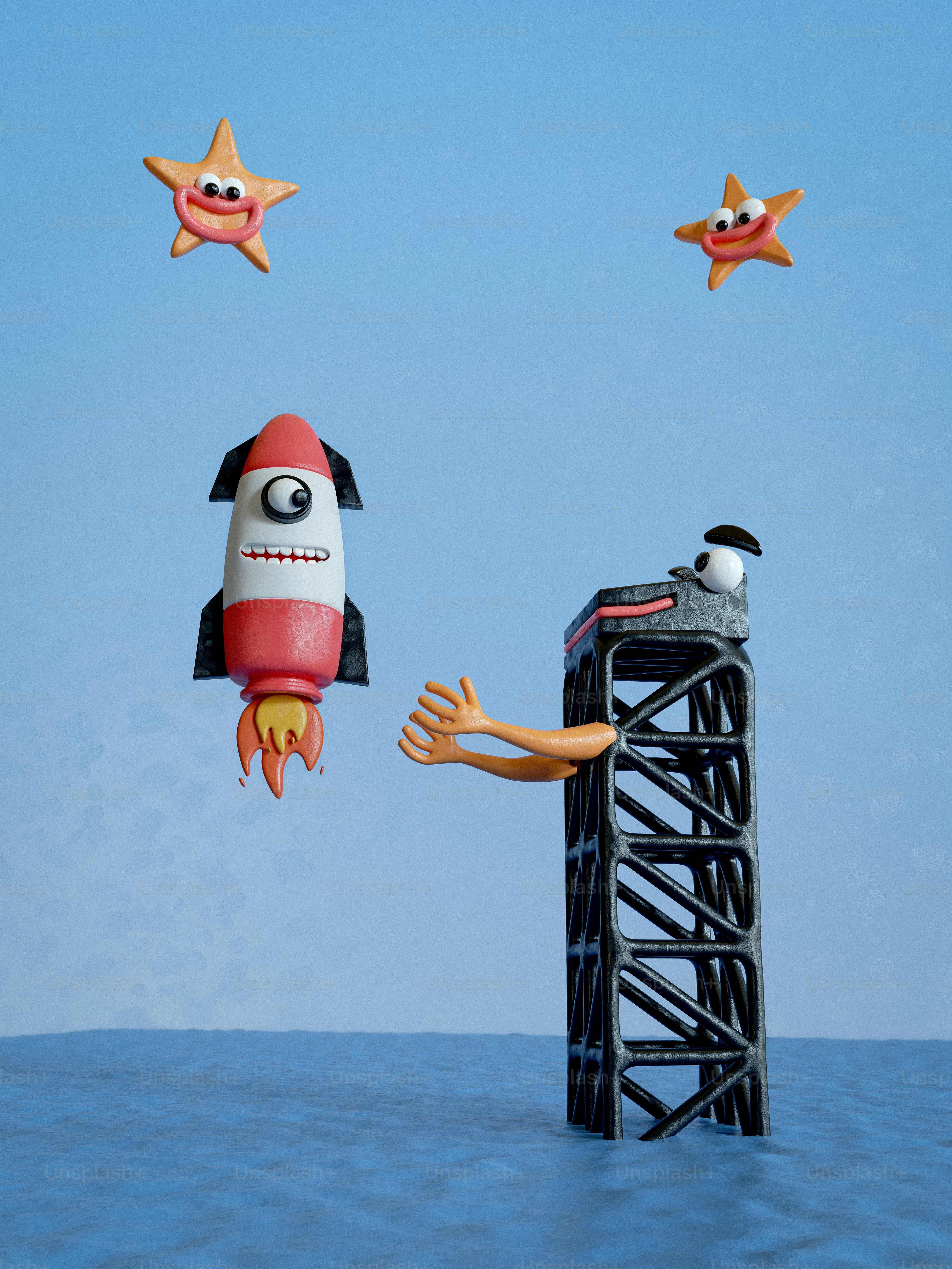 A small rocket ship flying over a tall tower photo – Launch pad Image ...