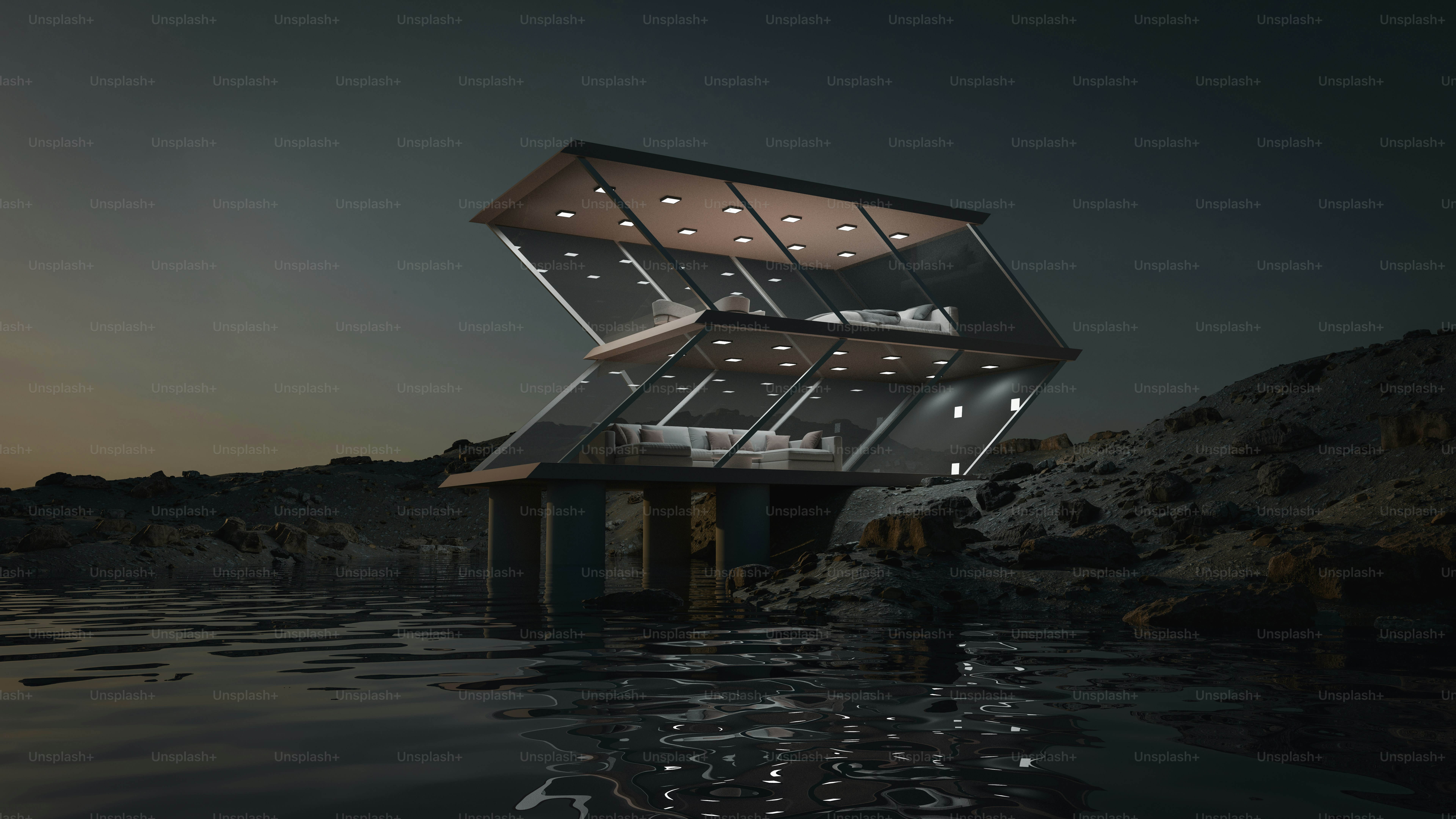 A floating structure with lights in the middle of a body of water photo ...