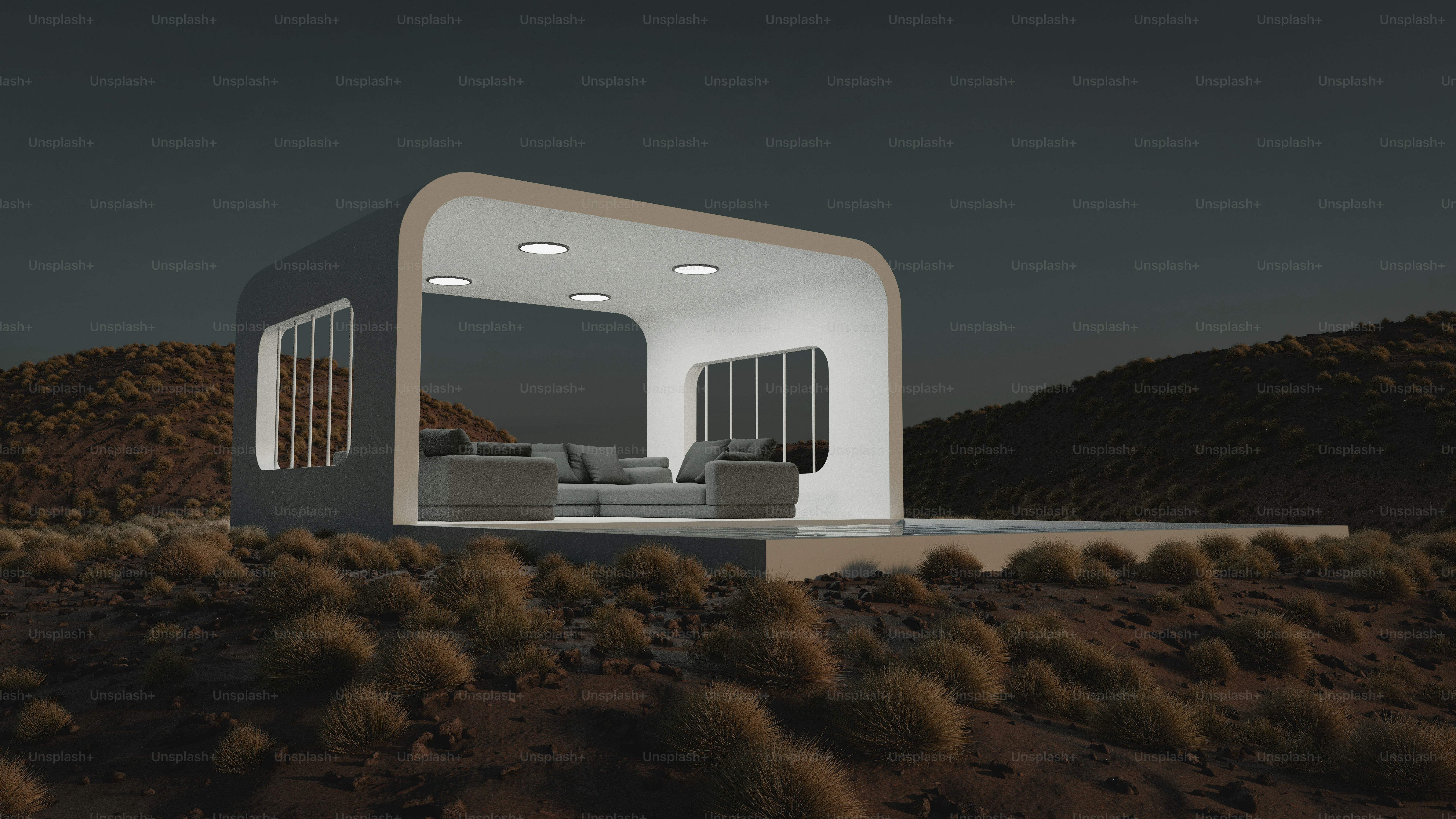 A computer generated image of a house in the desert photo – Surreal ...