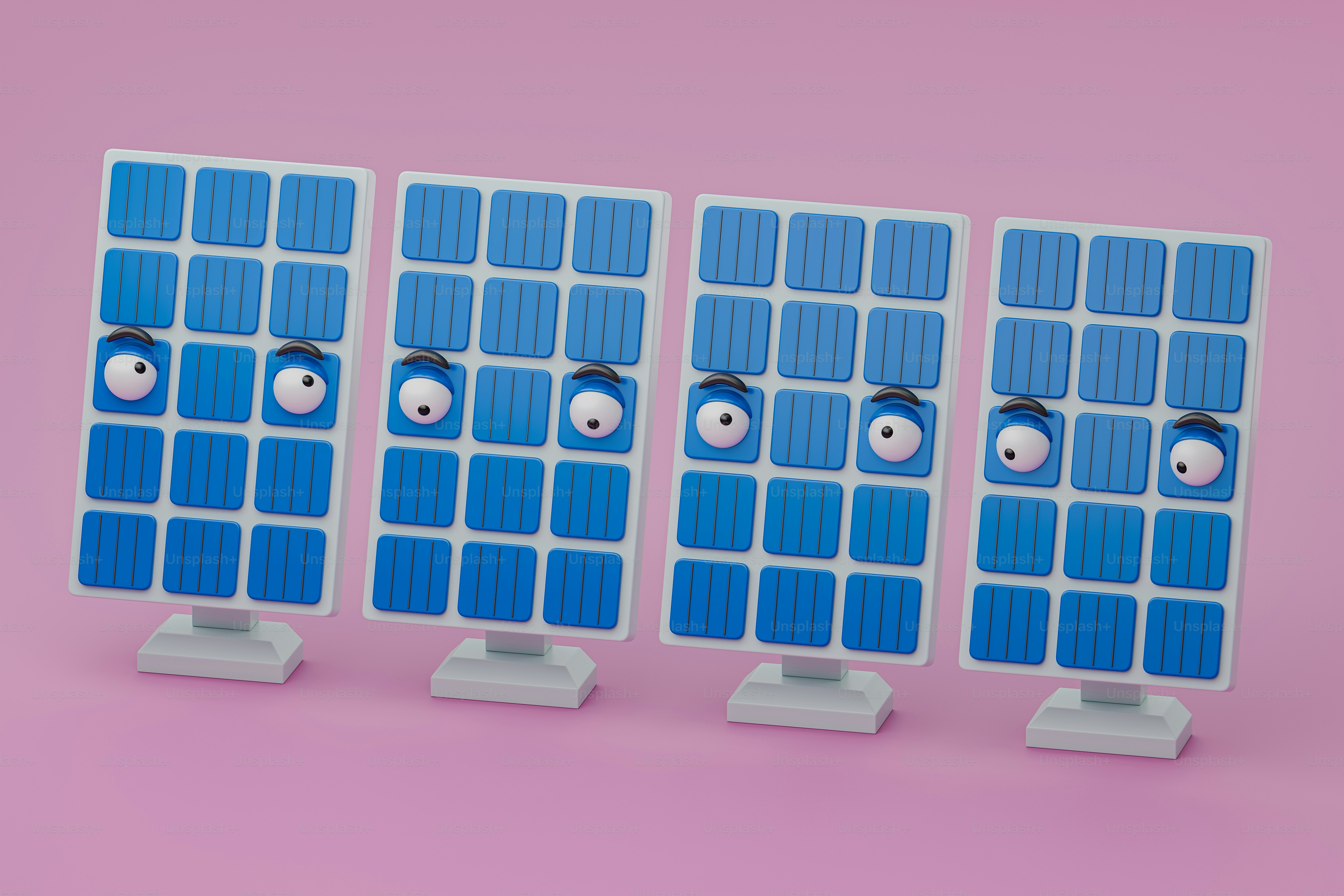 A row of blue and white solar panels with eyes photo – Render Image on ...