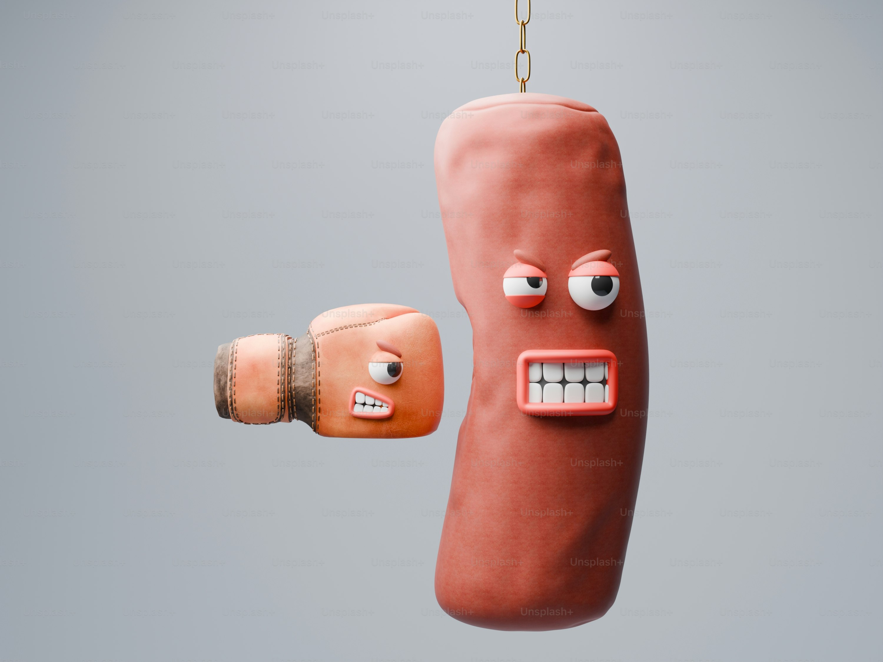 目と口で紐にぶら下がっているホットドッグの写真 – Unsplashのカートゥーンの画像