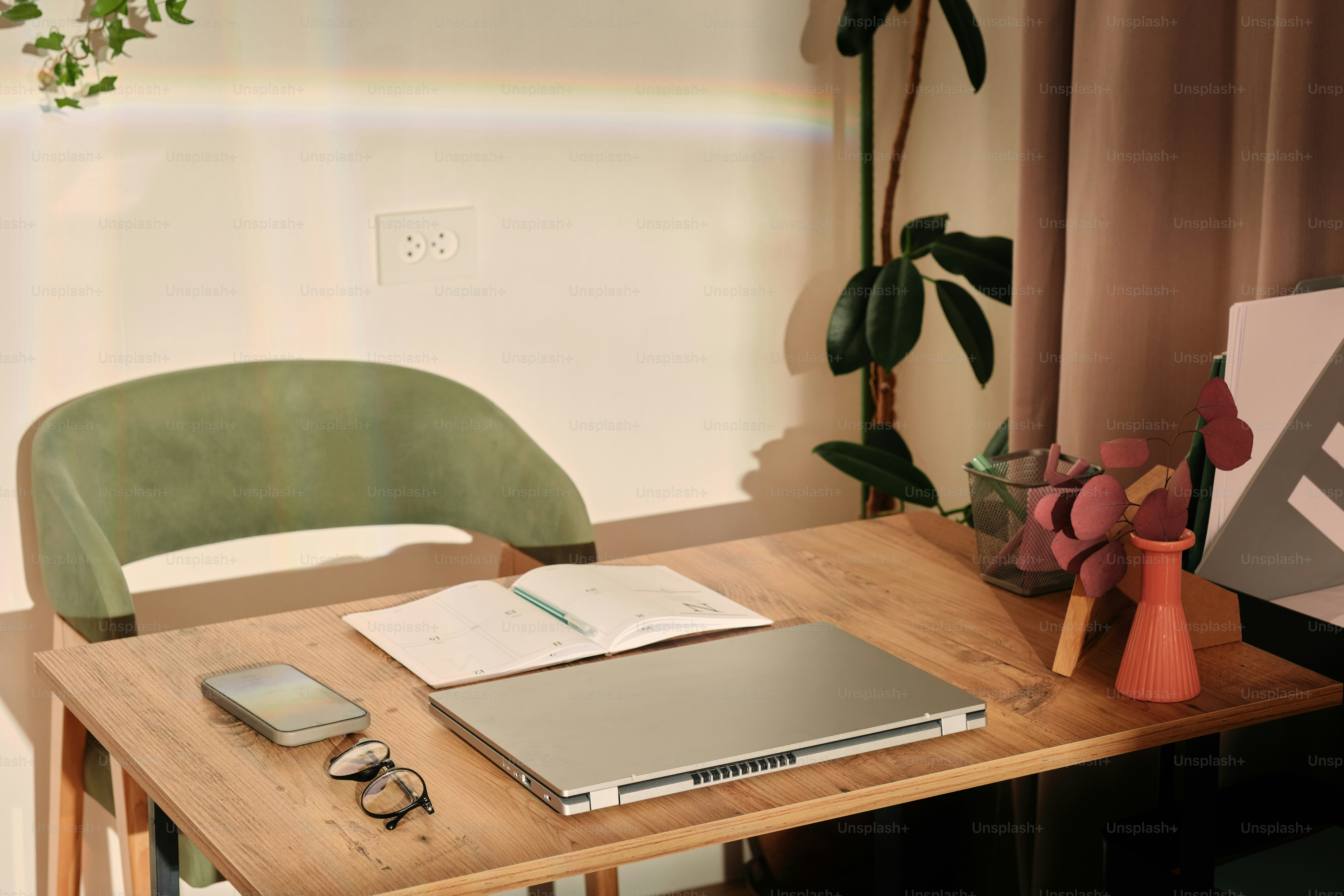 A laptop computer sitting on top of a wooden desk photo – Interior ...
