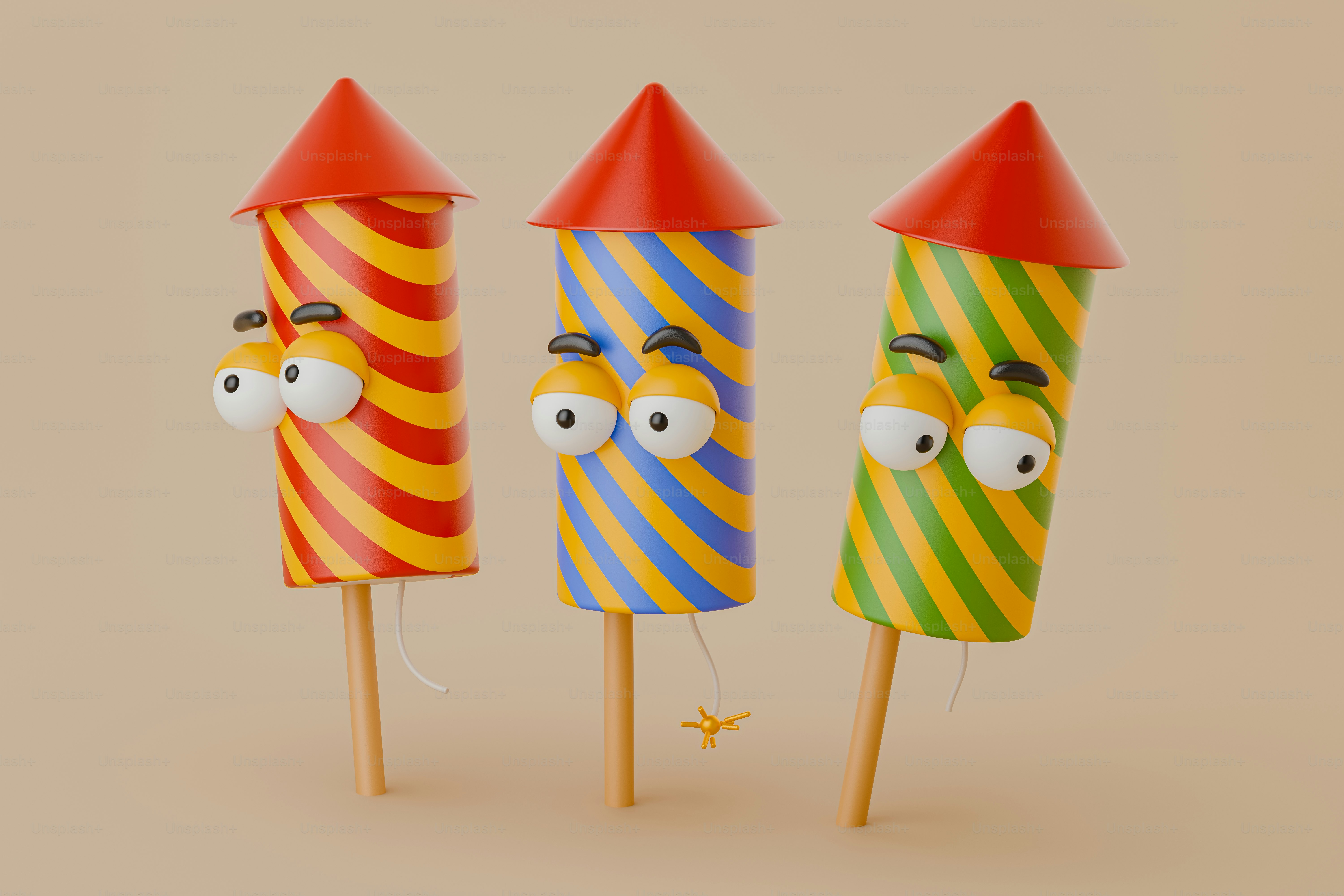 A group of three colorful toothpicks with faces on them photo ...