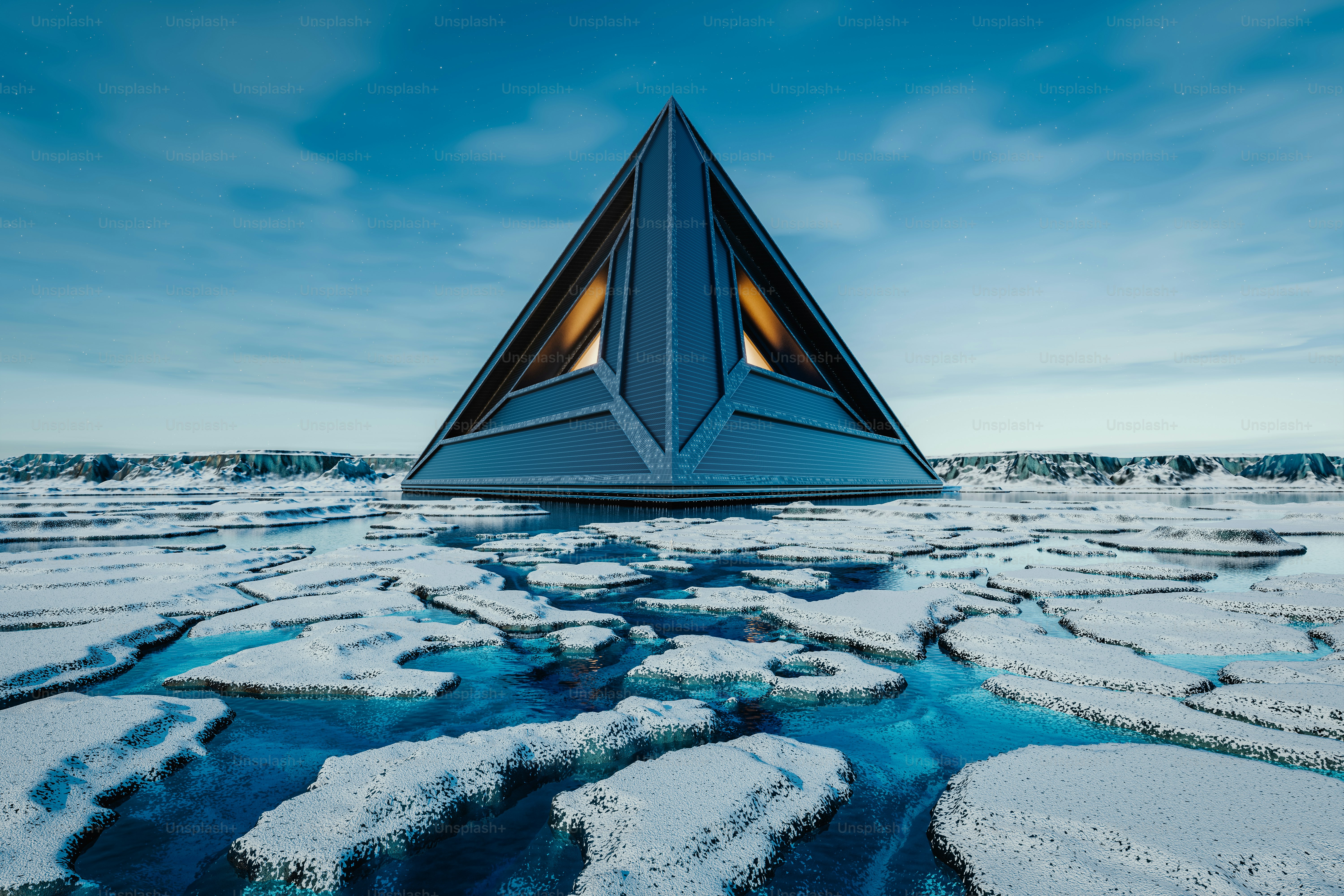 A triangle shaped building sitting on top of ice covered ground photo ...