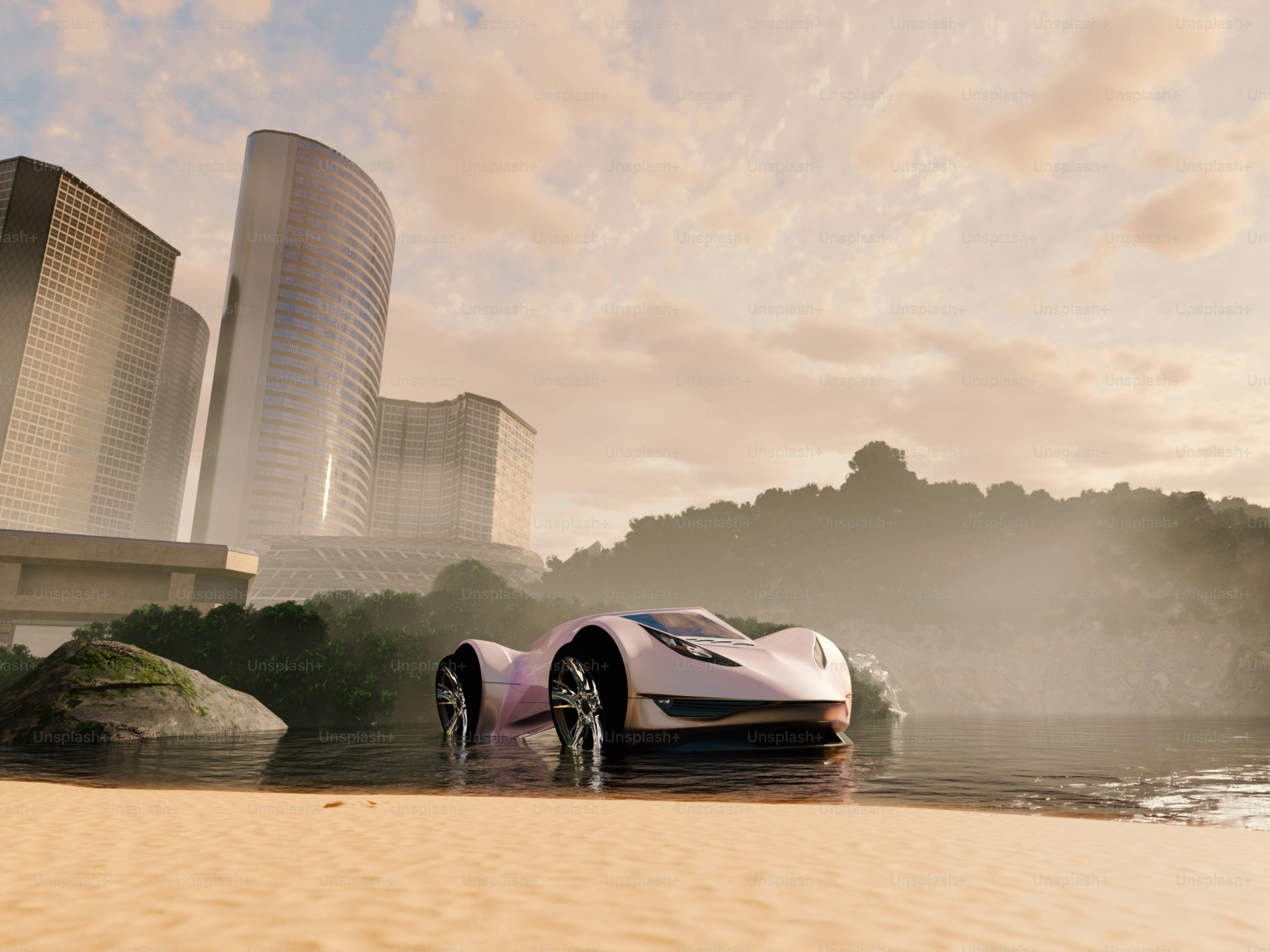 A futuristic car is parked on the beach photo – Amphibious Image on ...