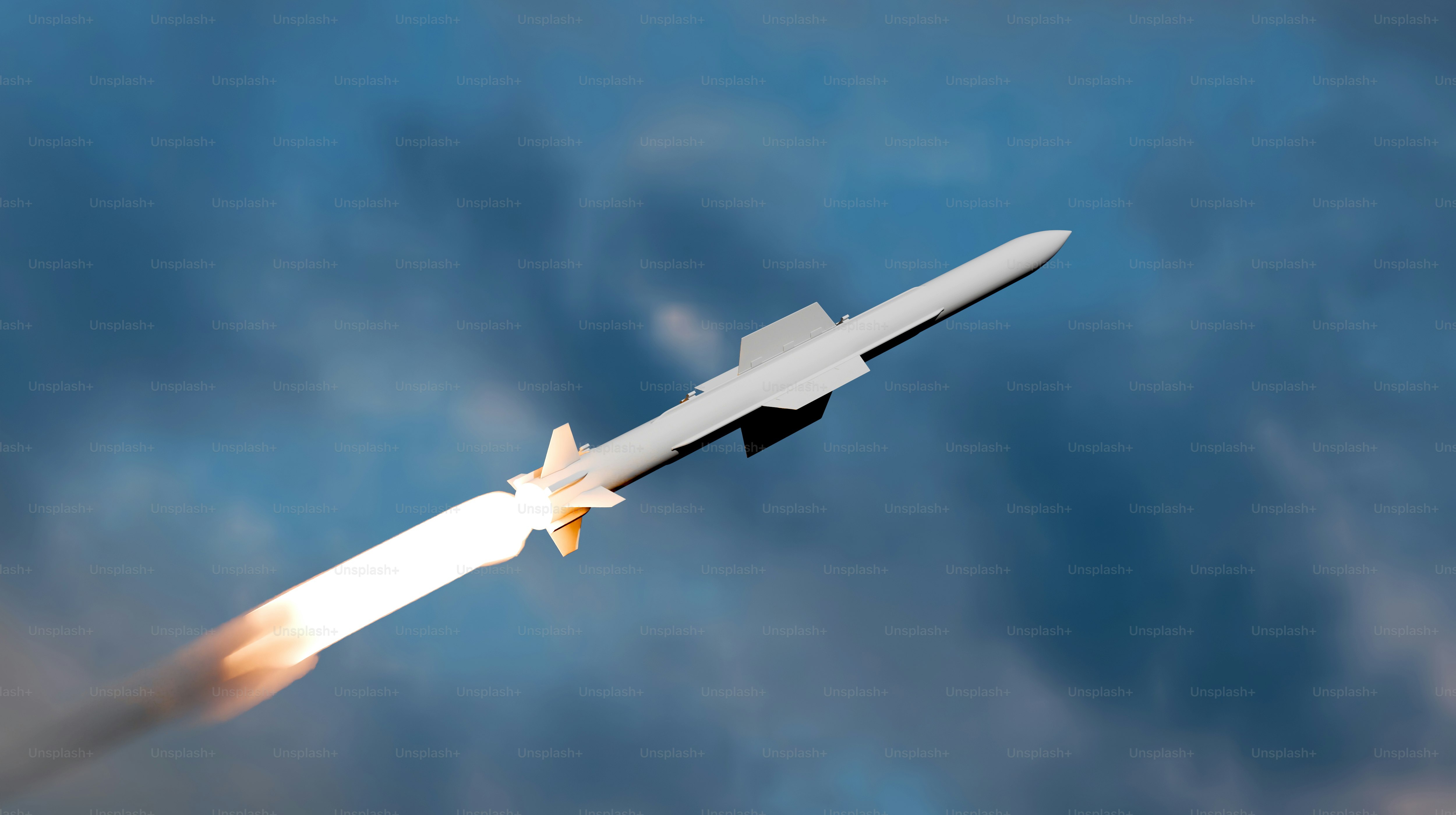 A white and black jet flying through a cloudy sky photo – 3d render ...