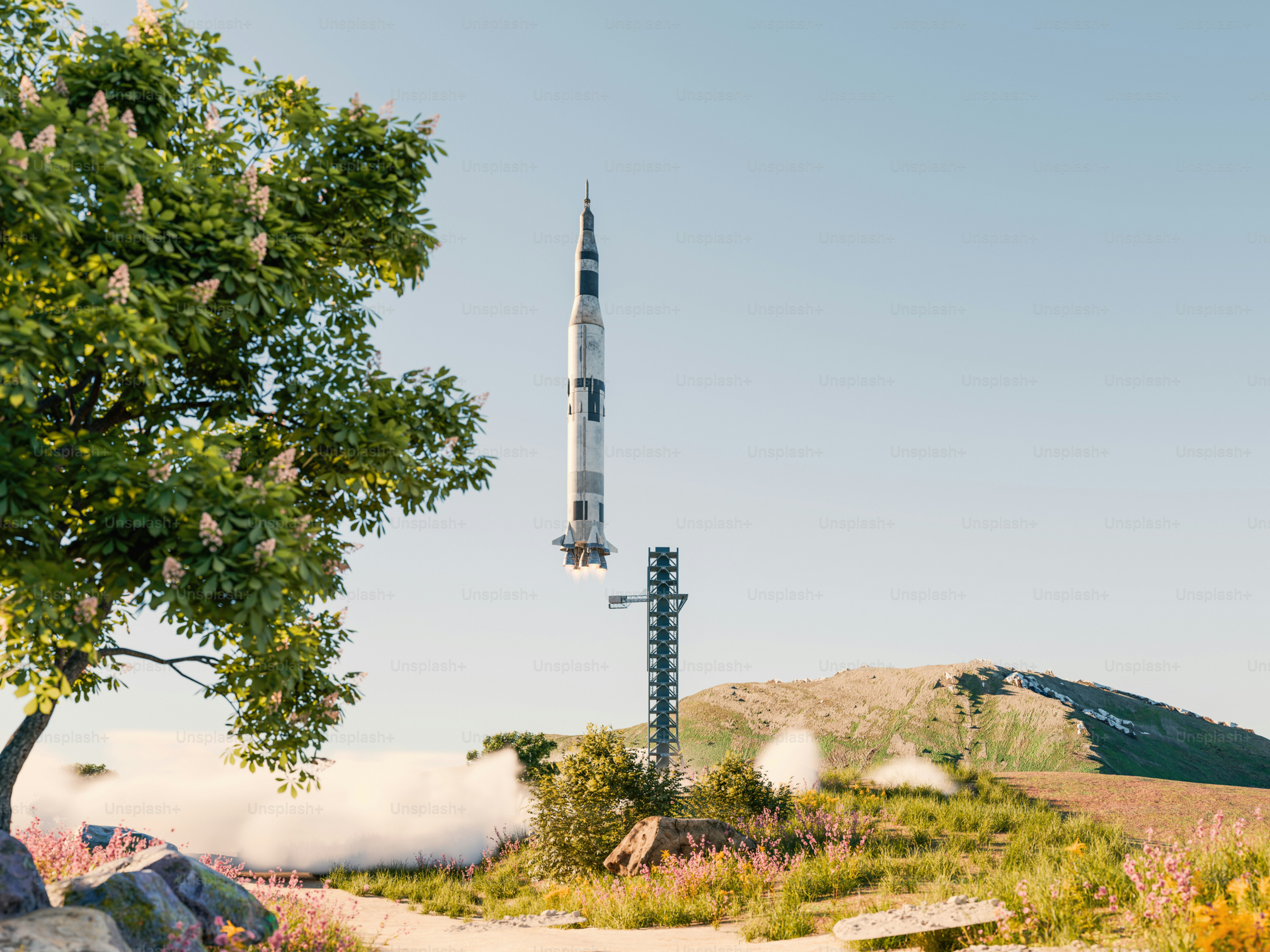 An artist's rendering of a rocket launching in the sky photo – Rocket ...