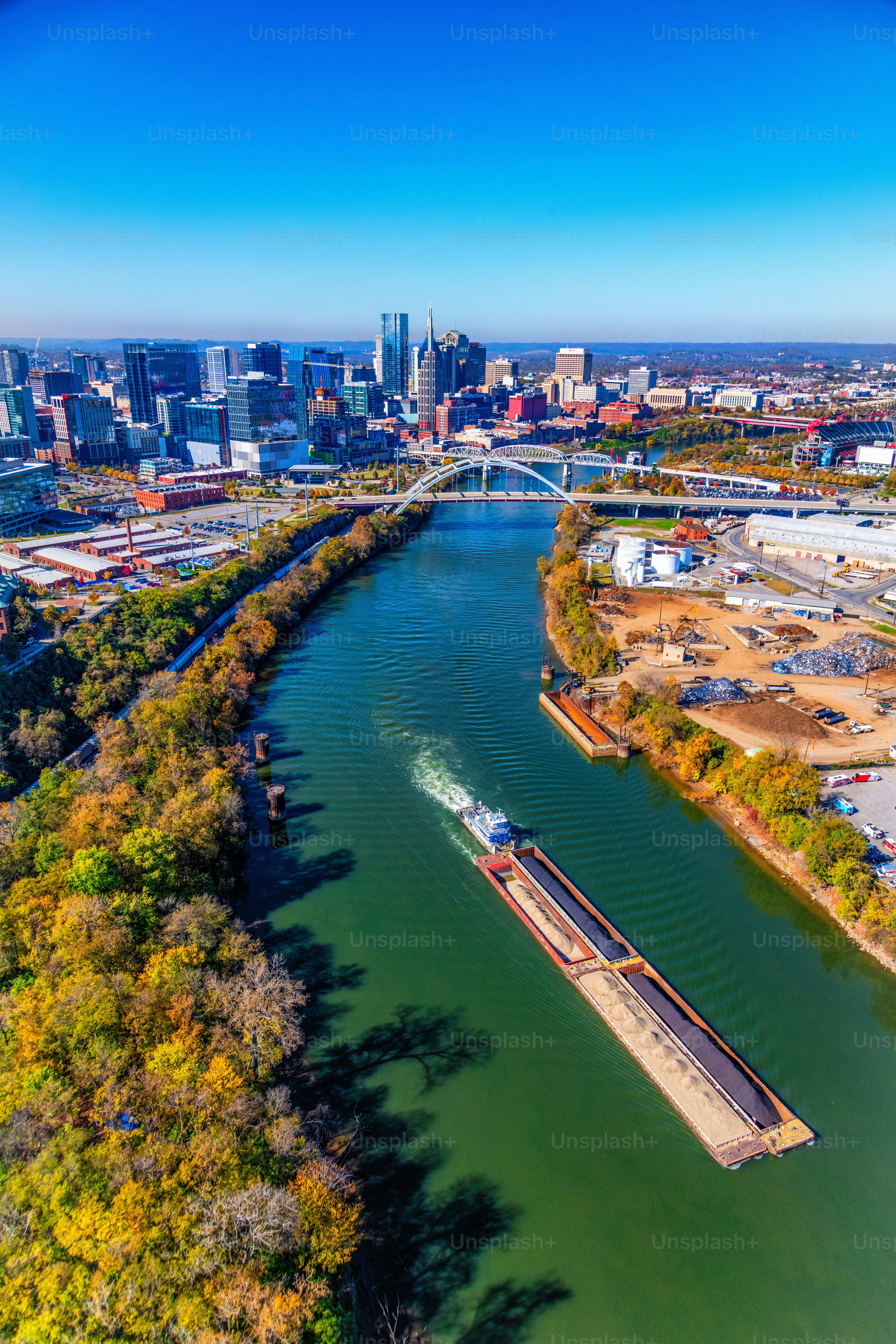 The Cumberland River beyond the skyline of Nashville shot from about ...
