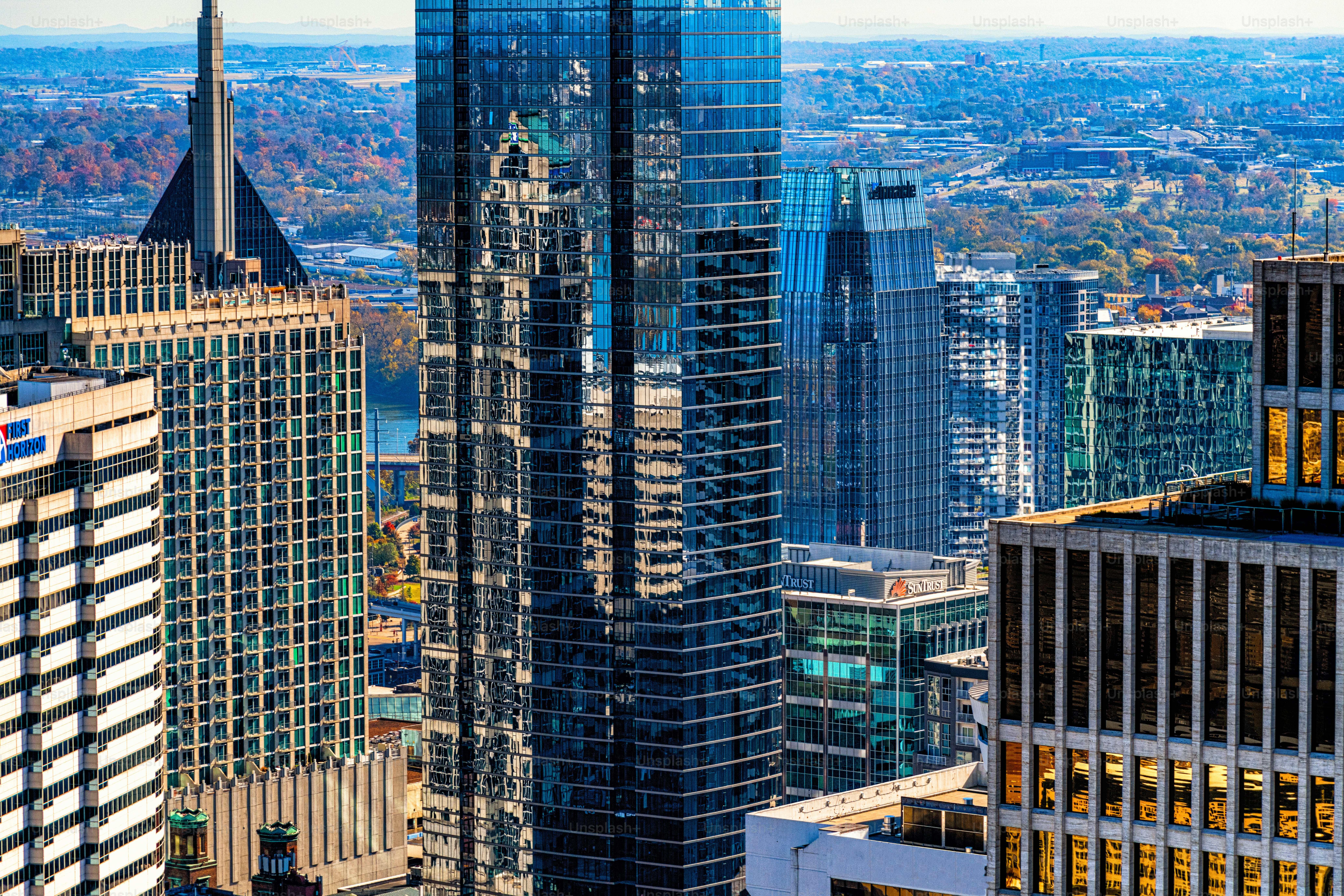 Aerial view of skyscrapers within the downtown district of Nashville ...