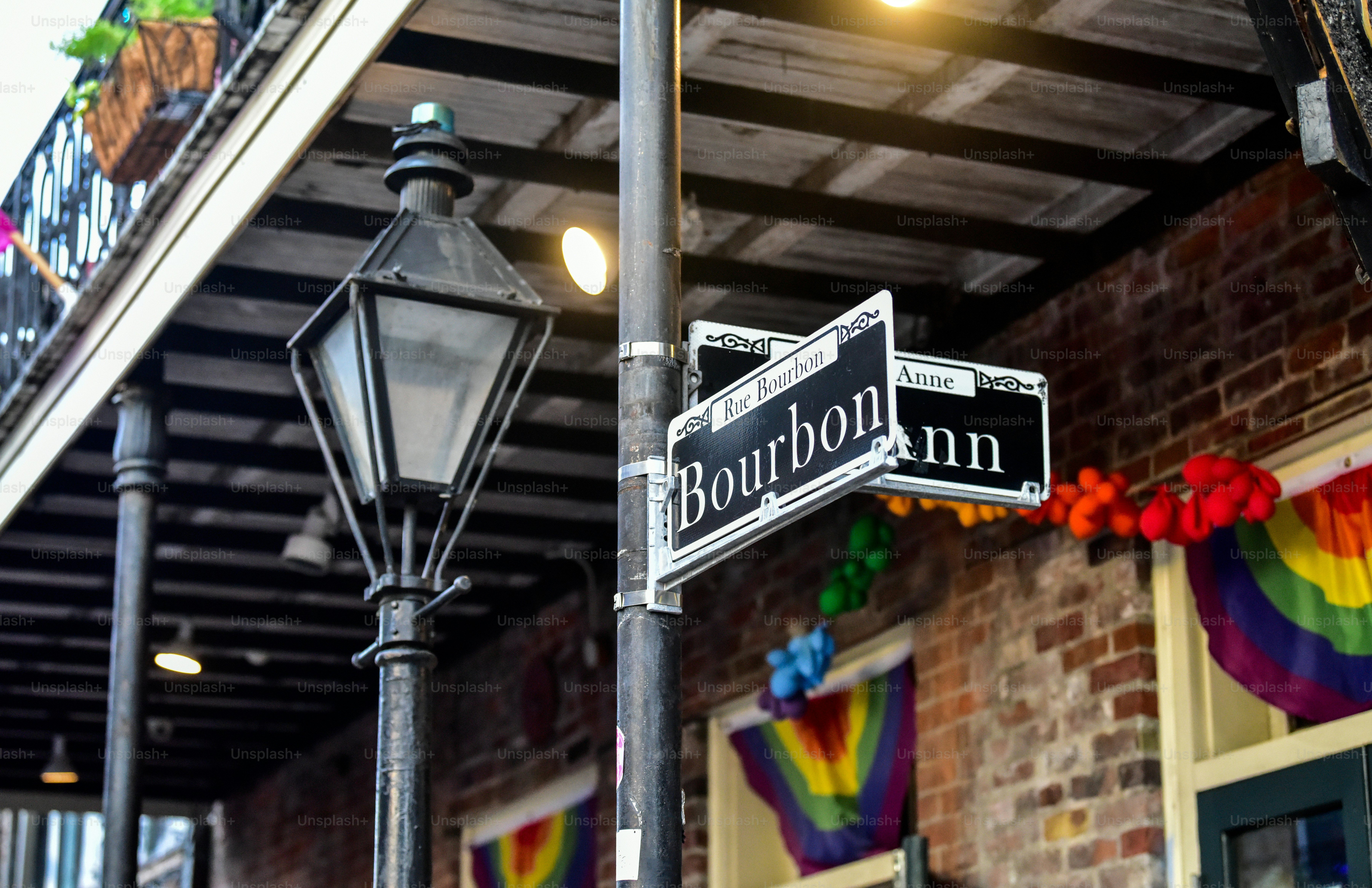 Bourbon Street sign at sidewalk French Quarter by New Orleans. photo ...