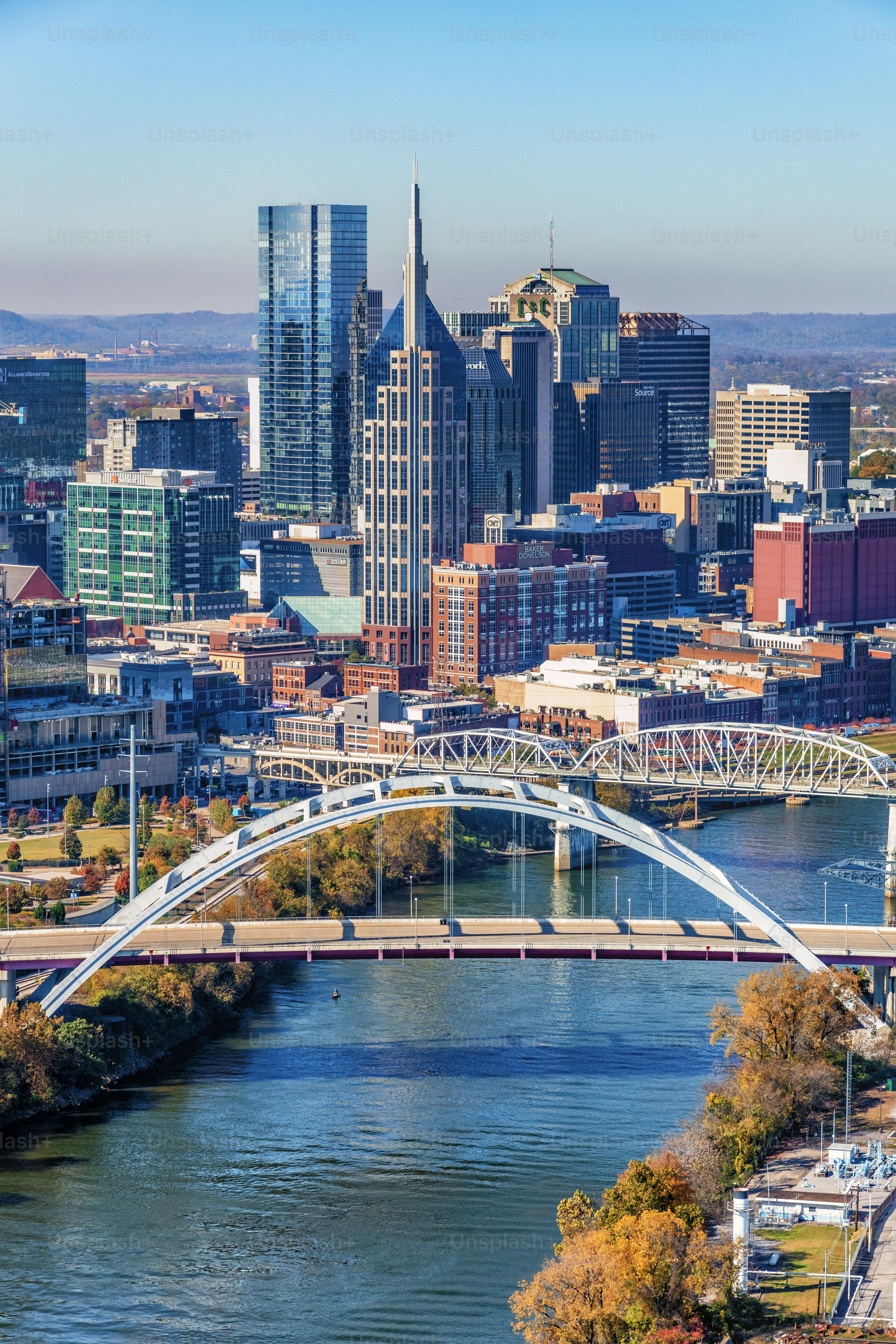 The Cumberland River beyond the skyline of Nashville shot from about ...