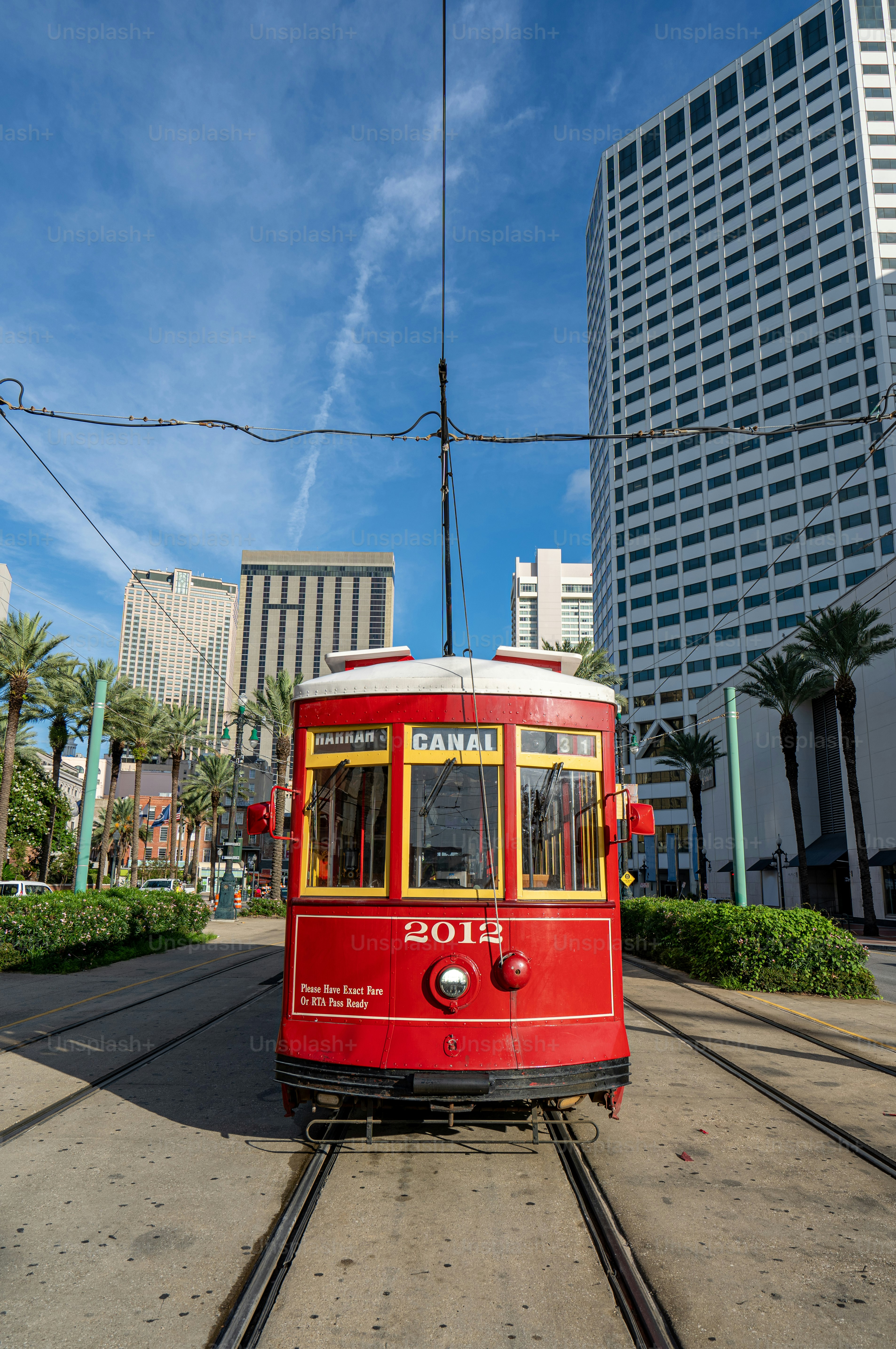 The famous red Canal Streetcar Line in downtown New Orleans, Louisiana ...