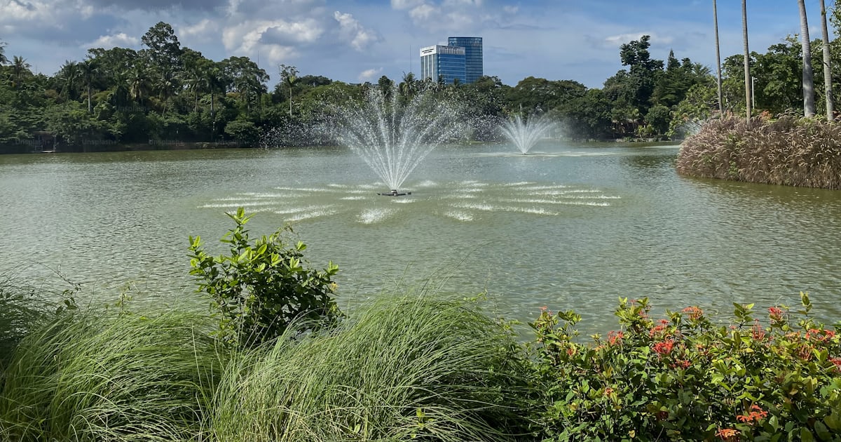 자카르타의 Senayan Park에서 푸른 하늘을 배경으로 호수 한가운데에 있는 분수 사진 Unsplash의 파노라마의 이미지