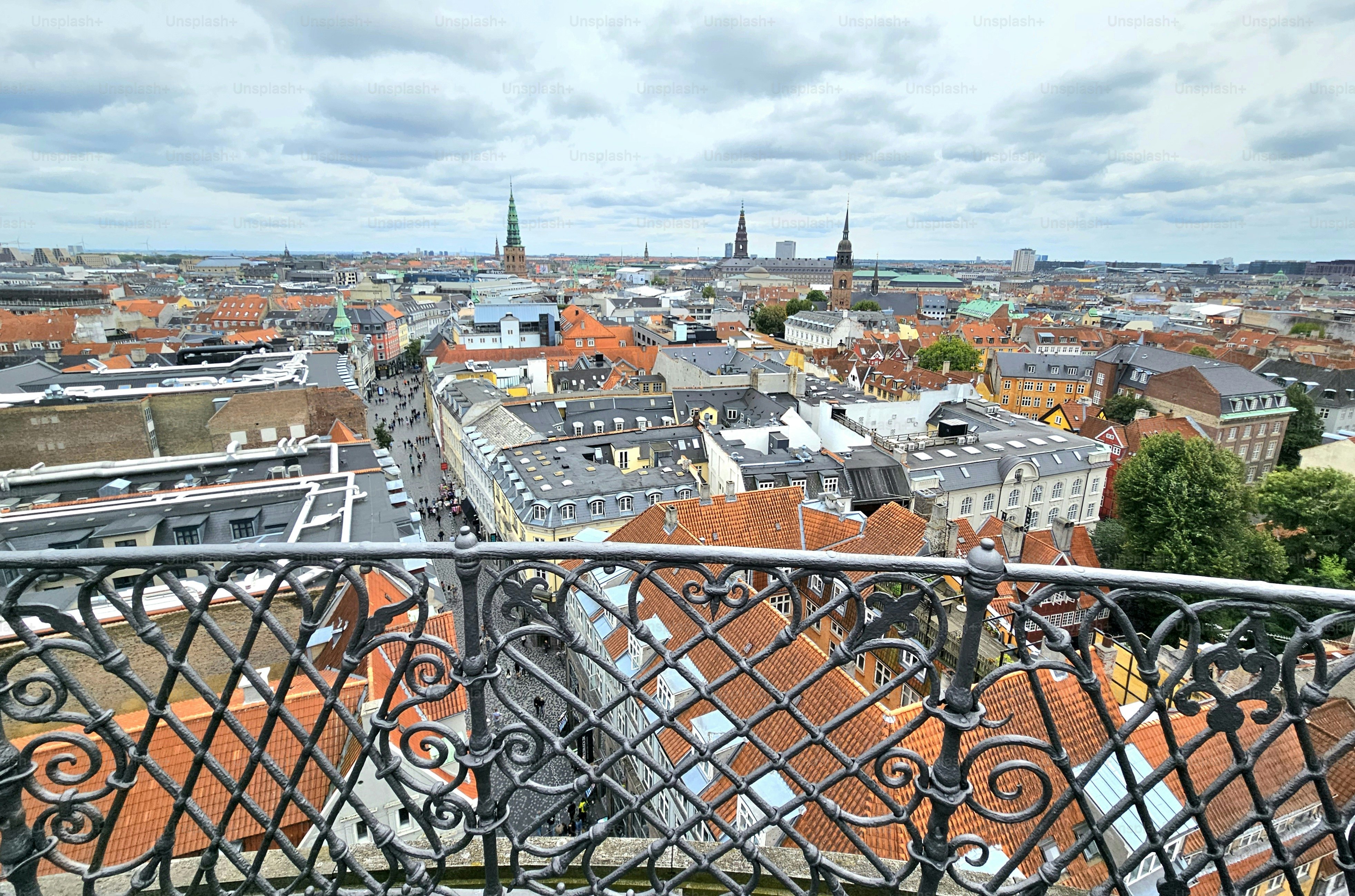 A cityscape view of Copenhagen Denmark from an overlook in a tower ...