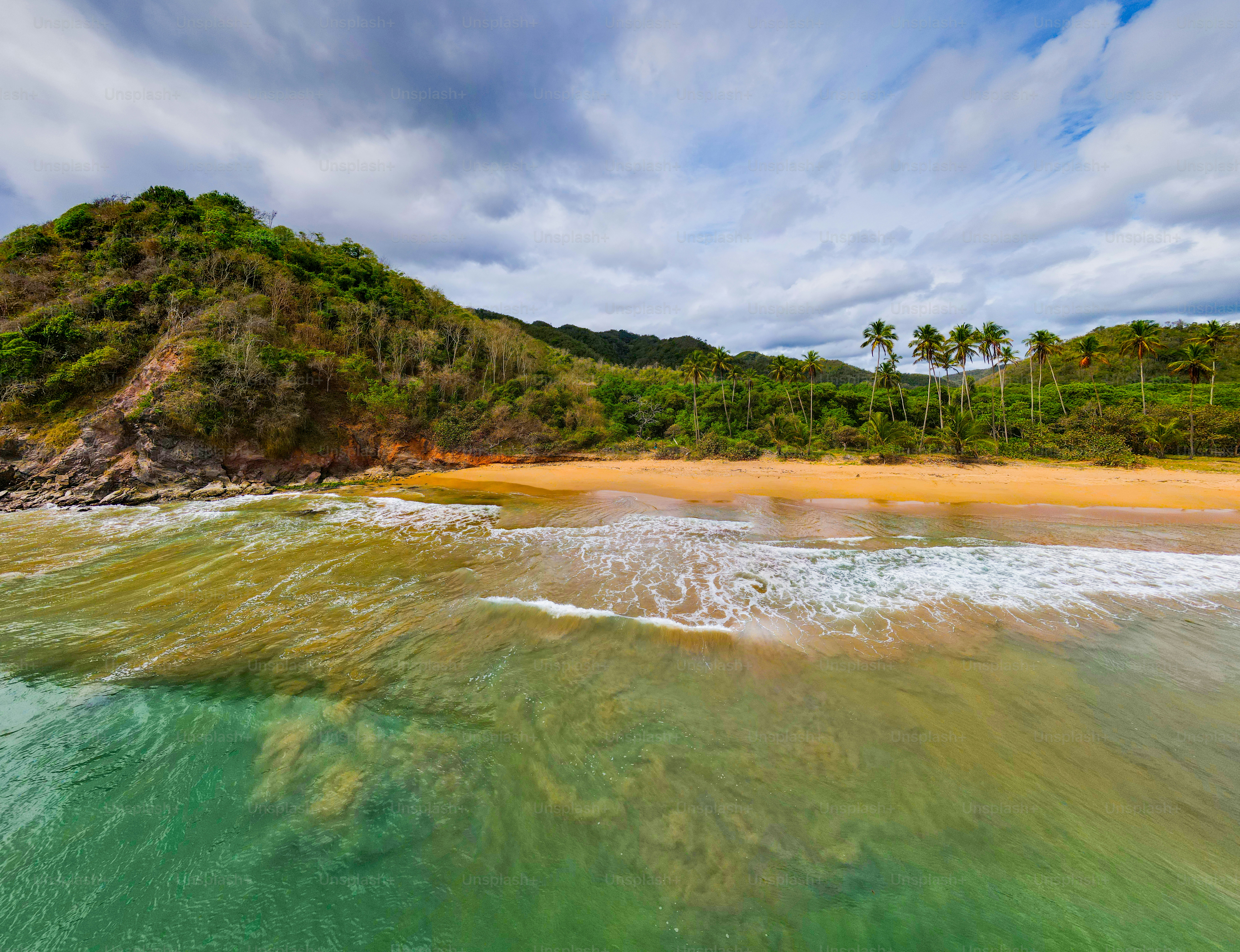 A big pic of idyllic tropical beach with palm trees, white sand and ...