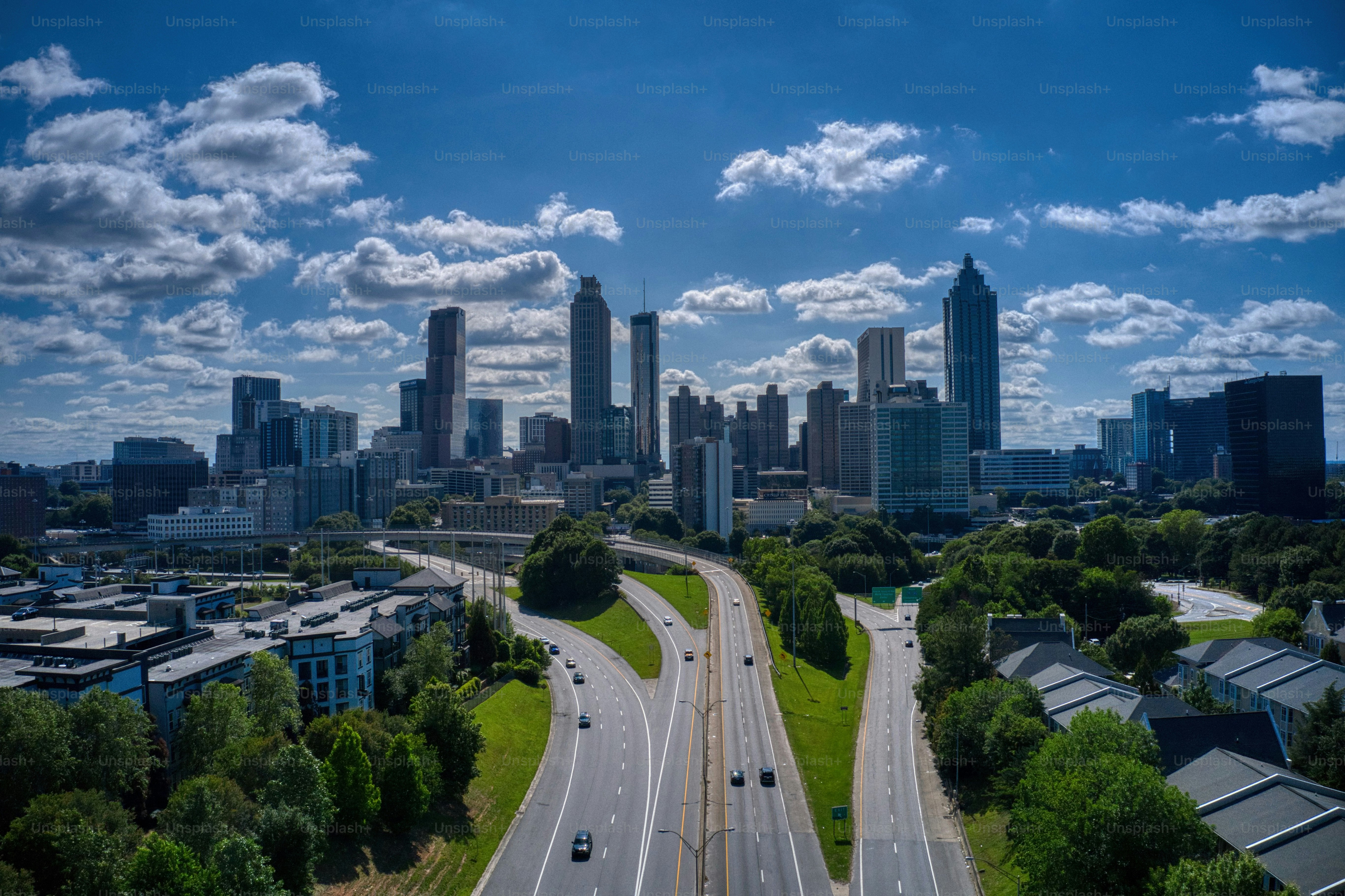 Panoramic aerial view of Atlanta skyline from the Jackson street bridge ...