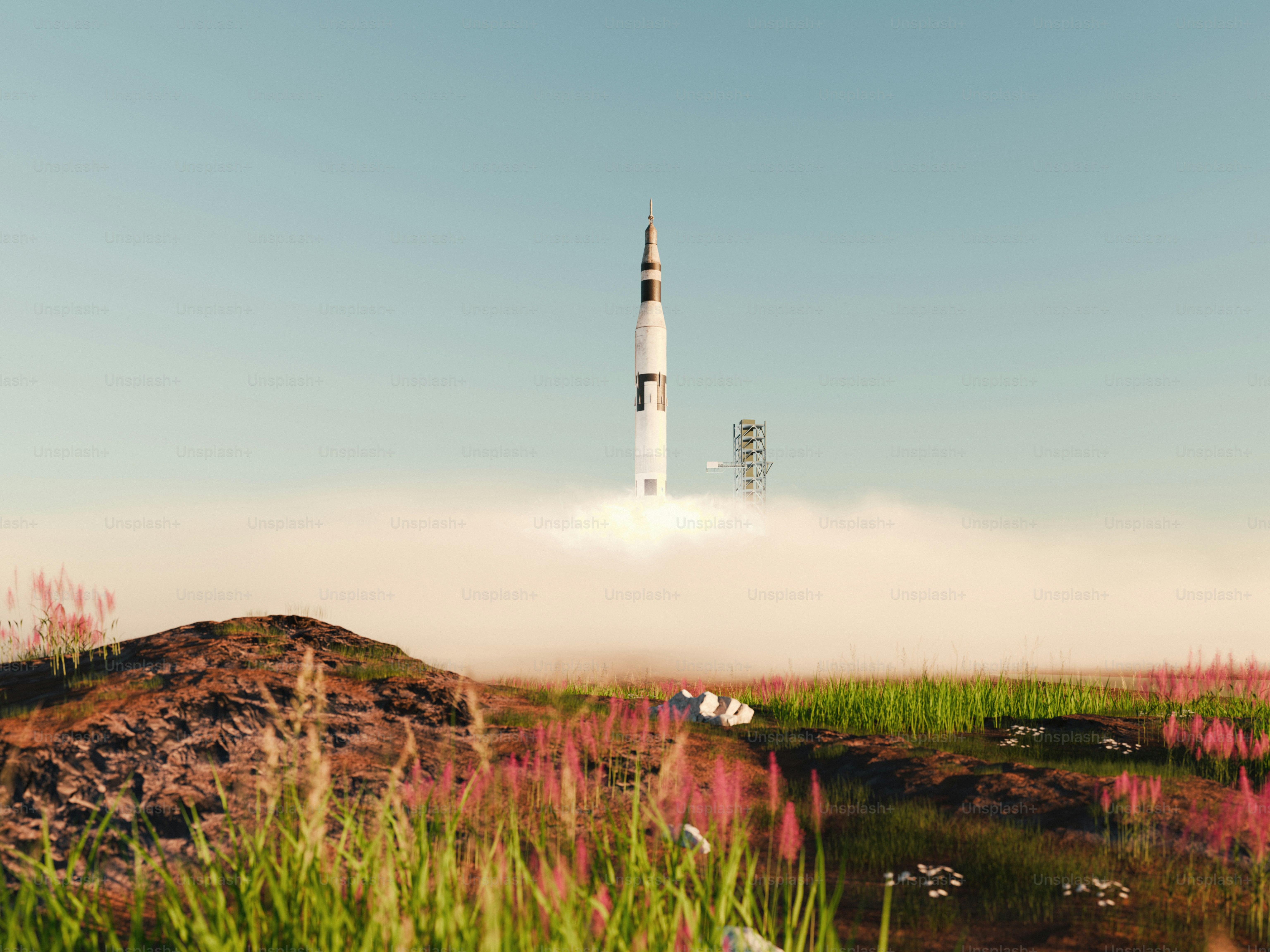 An artist's rendering of a rocket launching into the sky photo – 3d ...
