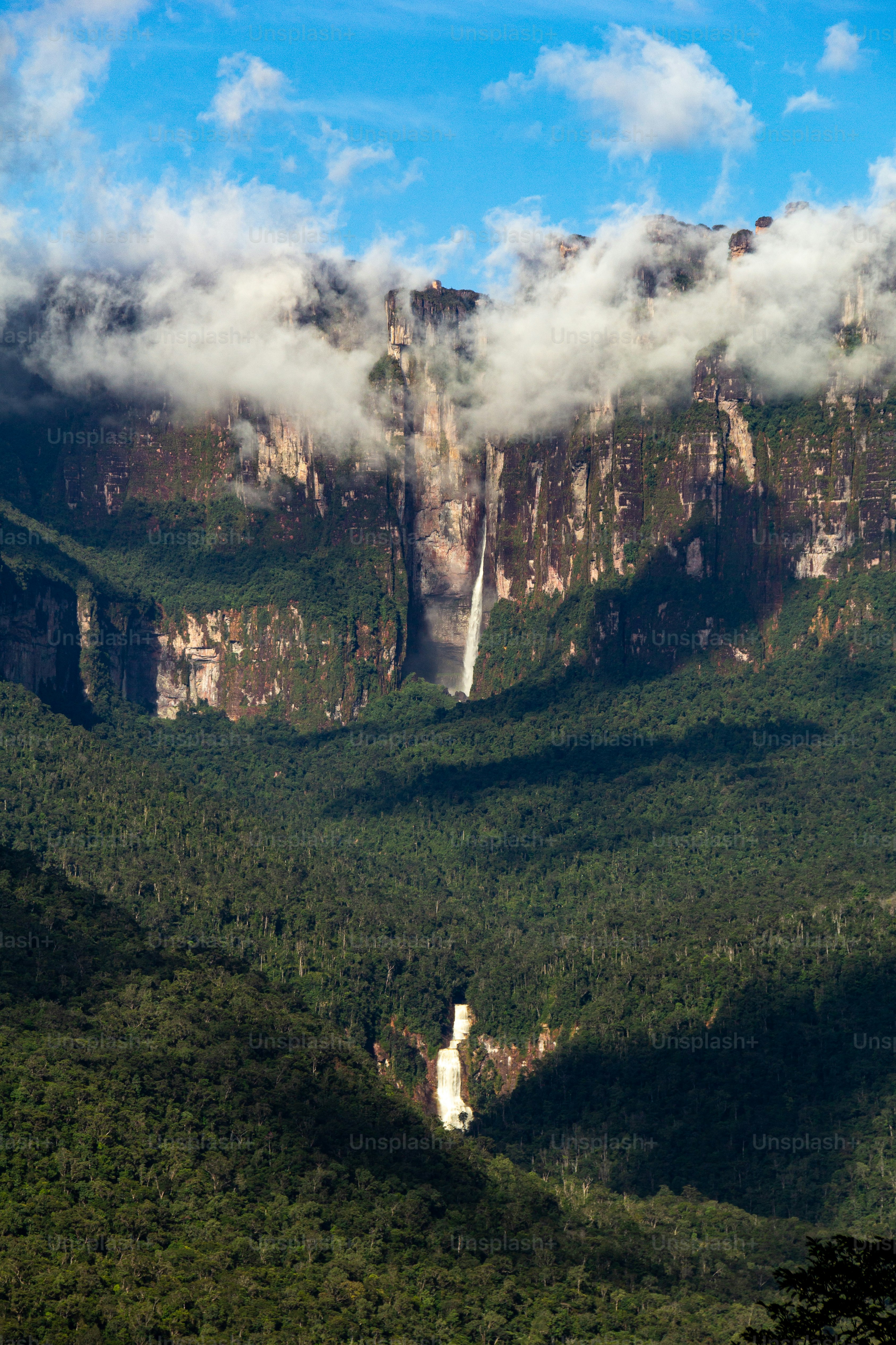 Waterfall in front of the Angel Falls in Auyantepuy, at cloudy sunny ...
