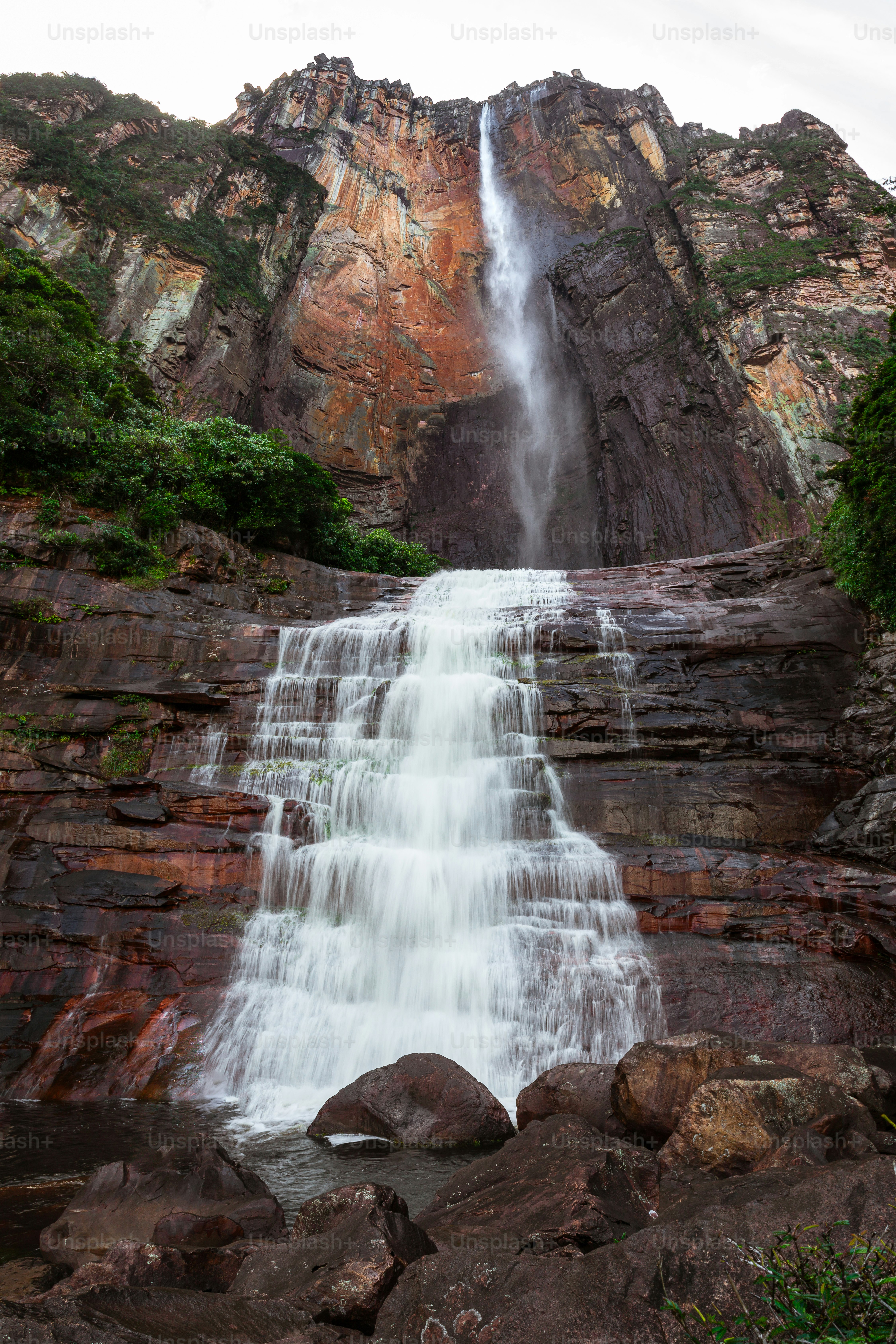 Panoramic view of Angel Falls with cloudy sky. Highest waterfall in the ...