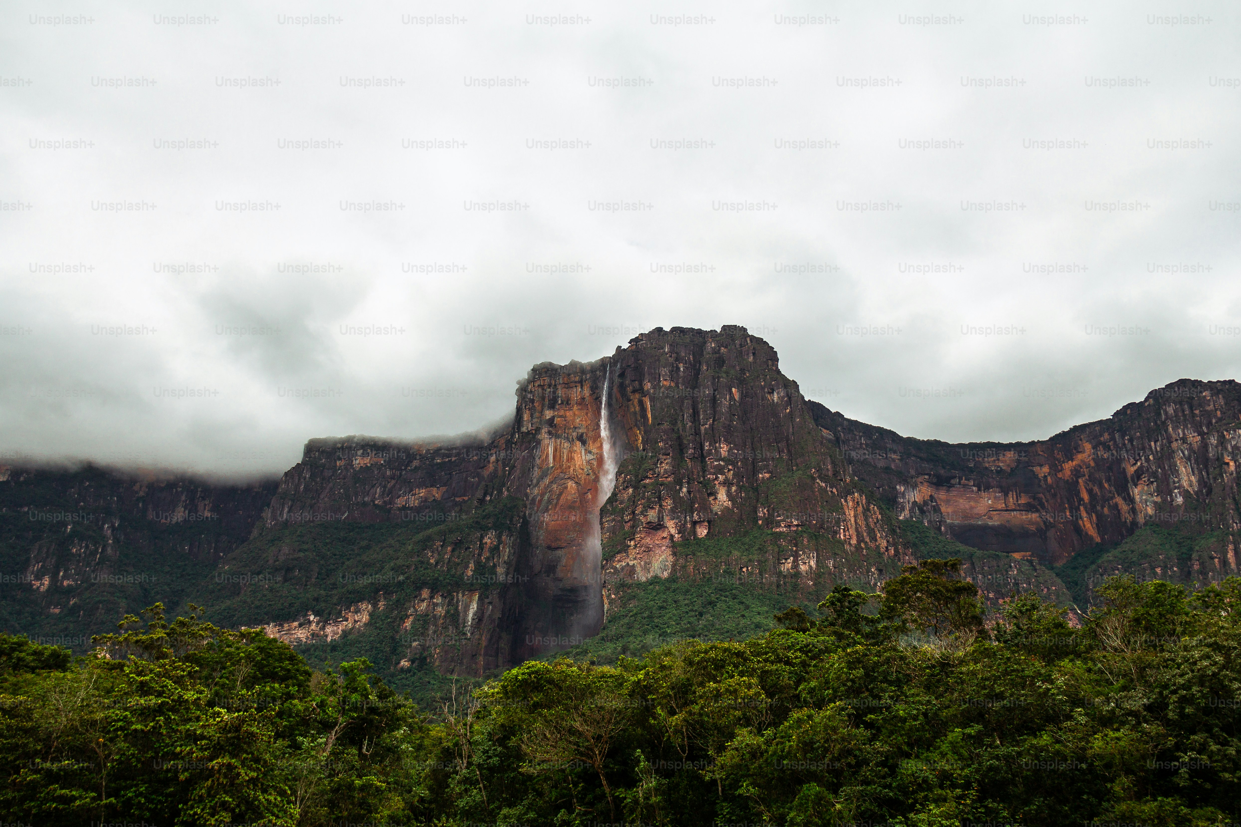 Vista panorámica del Salto Ángel con cielo nublado. La cascada más alta ...