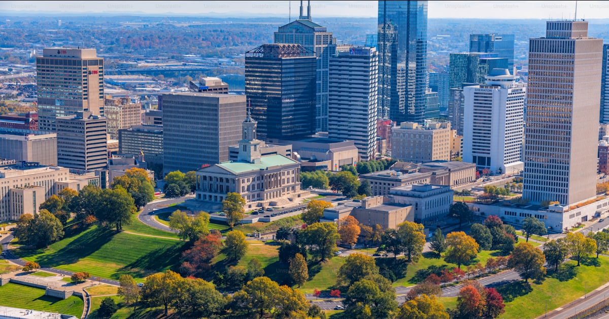 Aerial view of the beautiful Tennessee State Capitol Building sitting ... Aerial view of the beautiful Tennessee State Capitol Building sitting ...