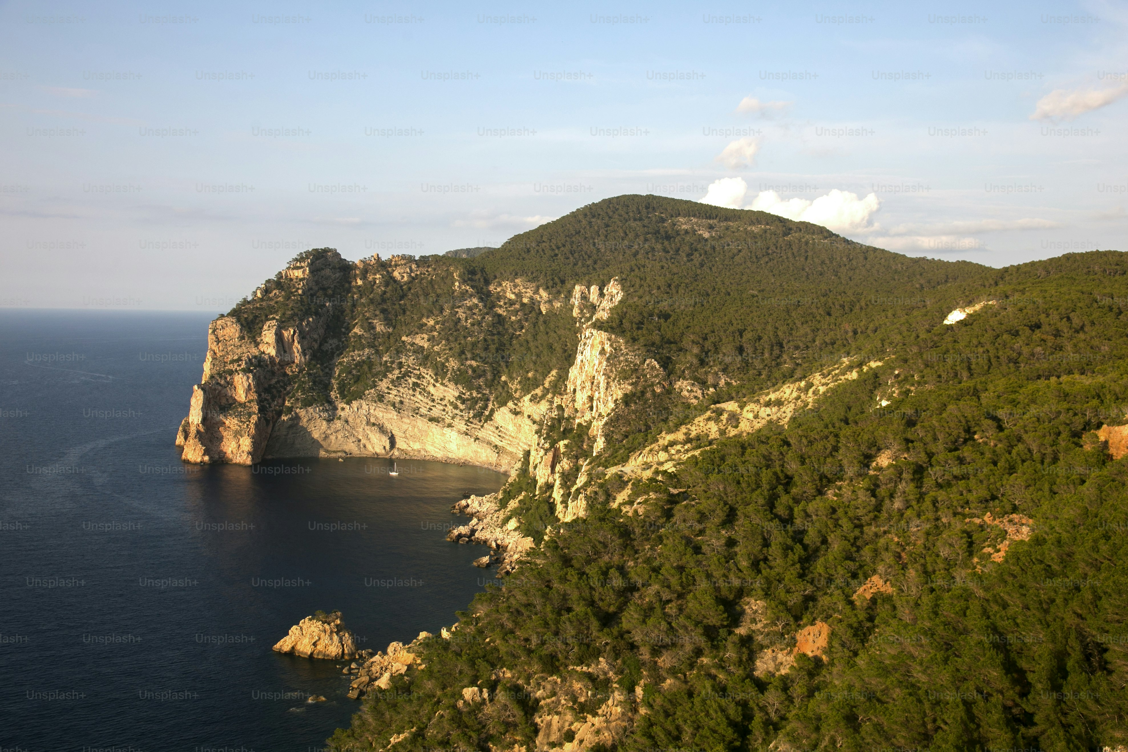 Vue sur la mer et Ses Margalides d’Ibiza depuis les falaises du nord de ...