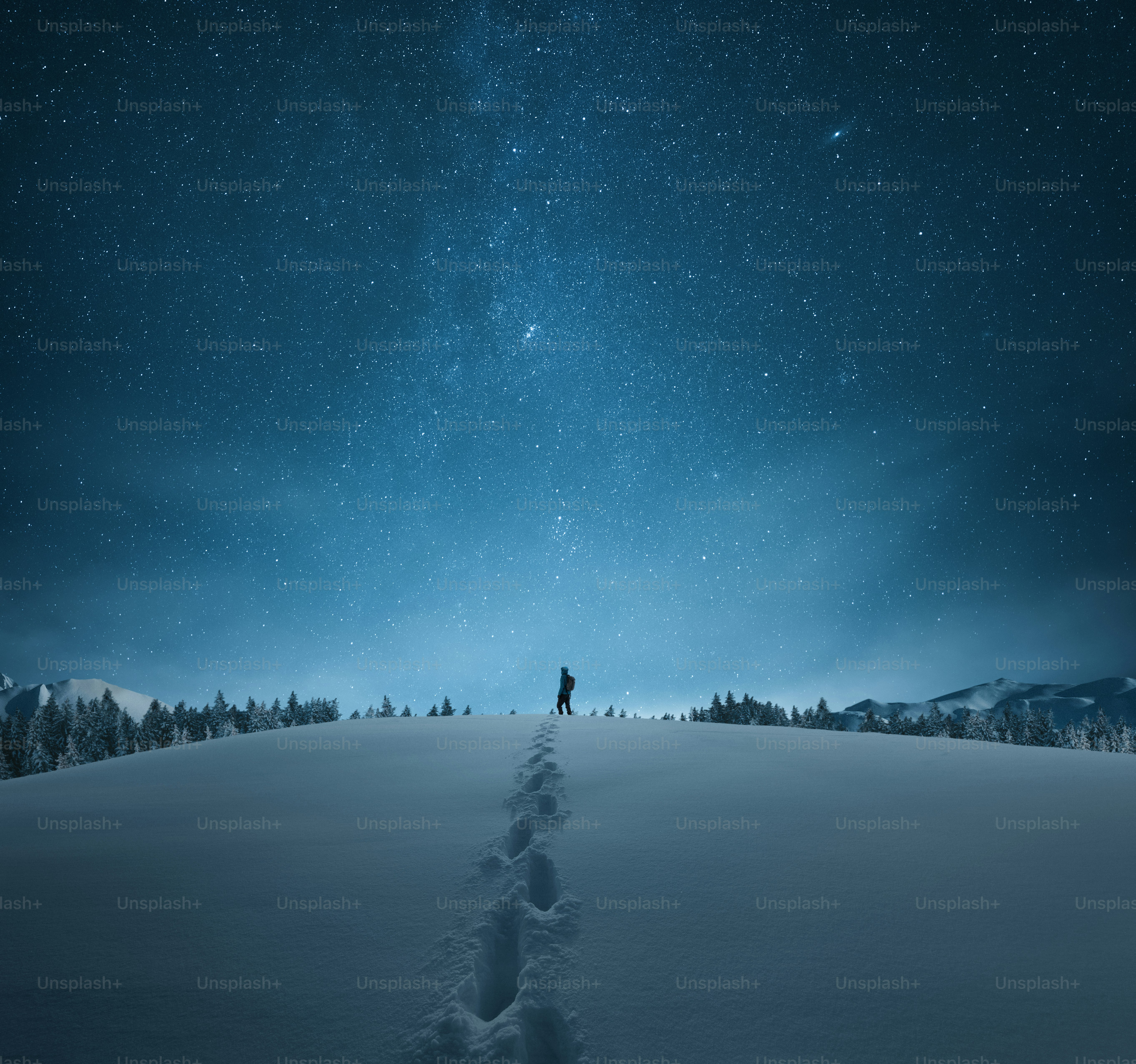 Man hiking in knee-deep snow under the starry night sky. photo – Forest ...
