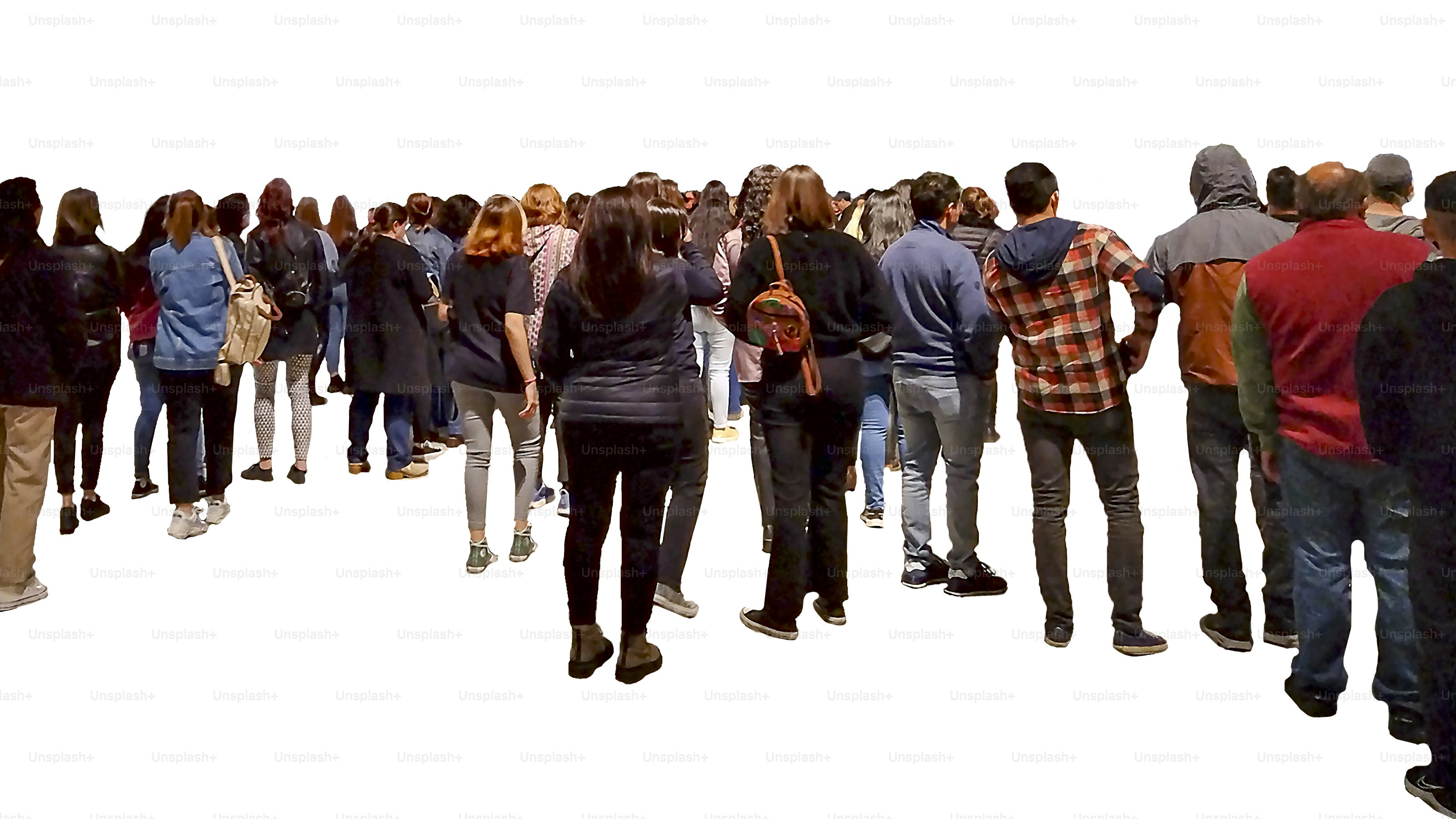 Panoramic isolated photo of group of people standing in back view ...